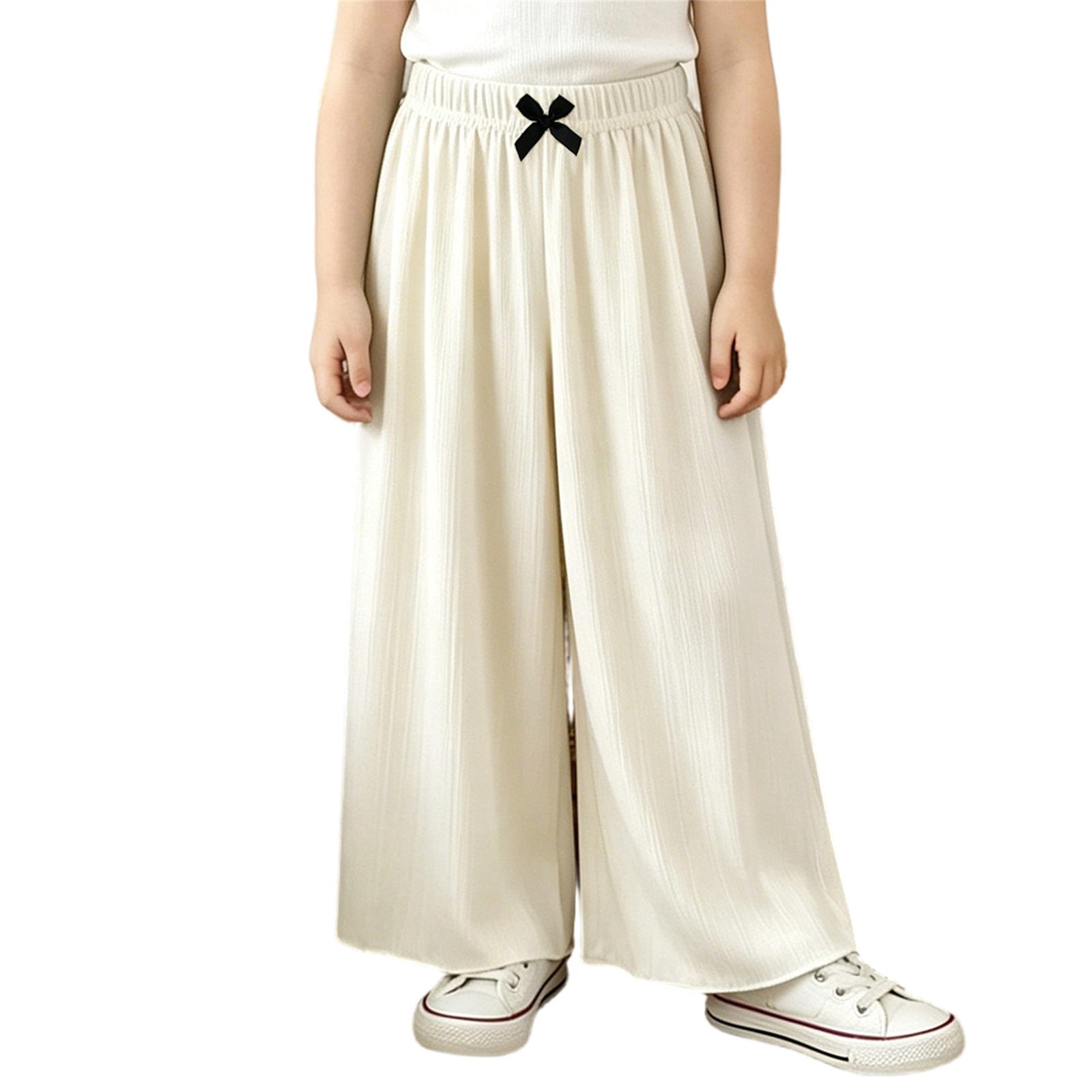 Girls' Bow Decor Wide Leg Pants, Vertical Textured Chiffon Fabric with ...