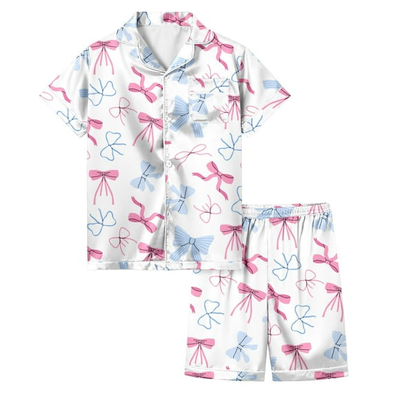 Girls' Bow Print Pajama Set Short Sleeve Button Down Top and Shorts ...