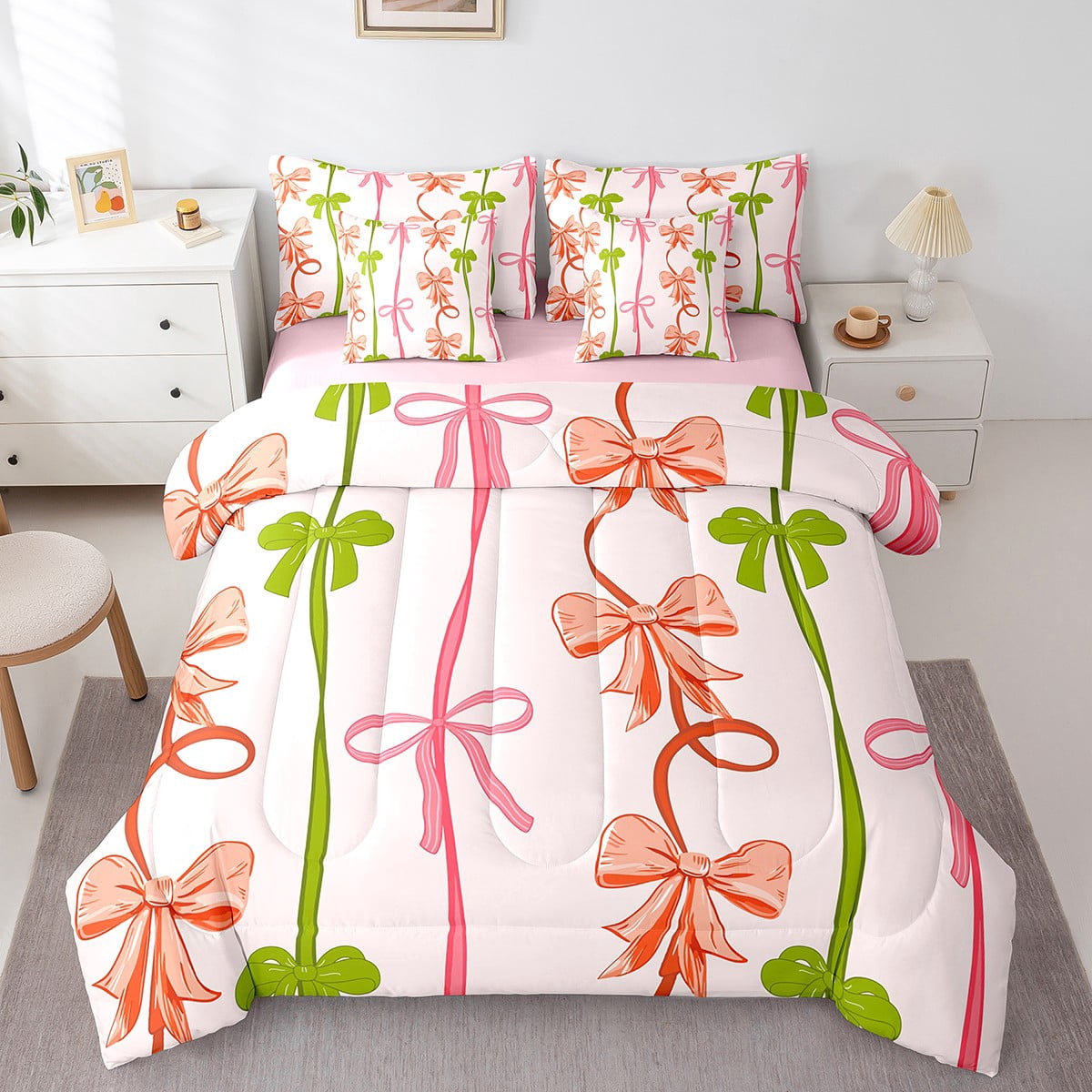 Bowknot Queen Comforter 7 Pieces Kawaii Bow Print Bedding Set,Cute Pink ...