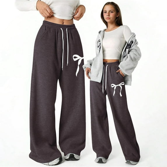 Girls Bowknot Sweatpants Baggy Wide Leg Sweat Pants With Pockets Mid ...