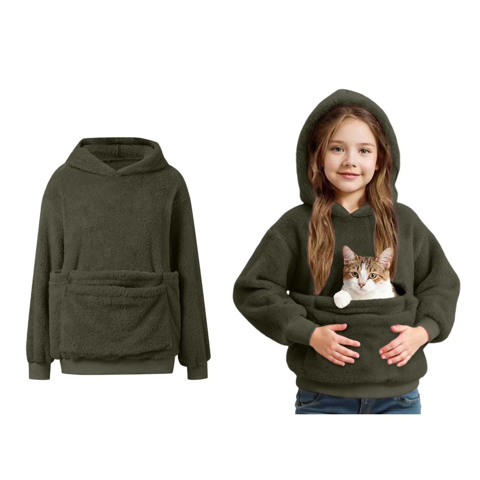Girls Boys Animal Pouch Hoodie Fuzzy Fleece Pet Sling Sweatshirt Long ...