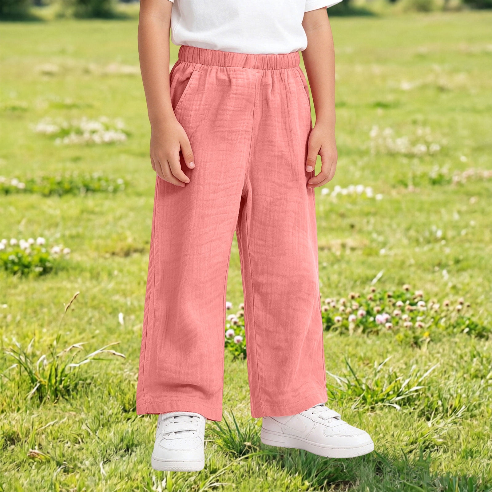 Girls Boys Linen Pants Elastic Waist Wide Leg Pants Summer Casual ...