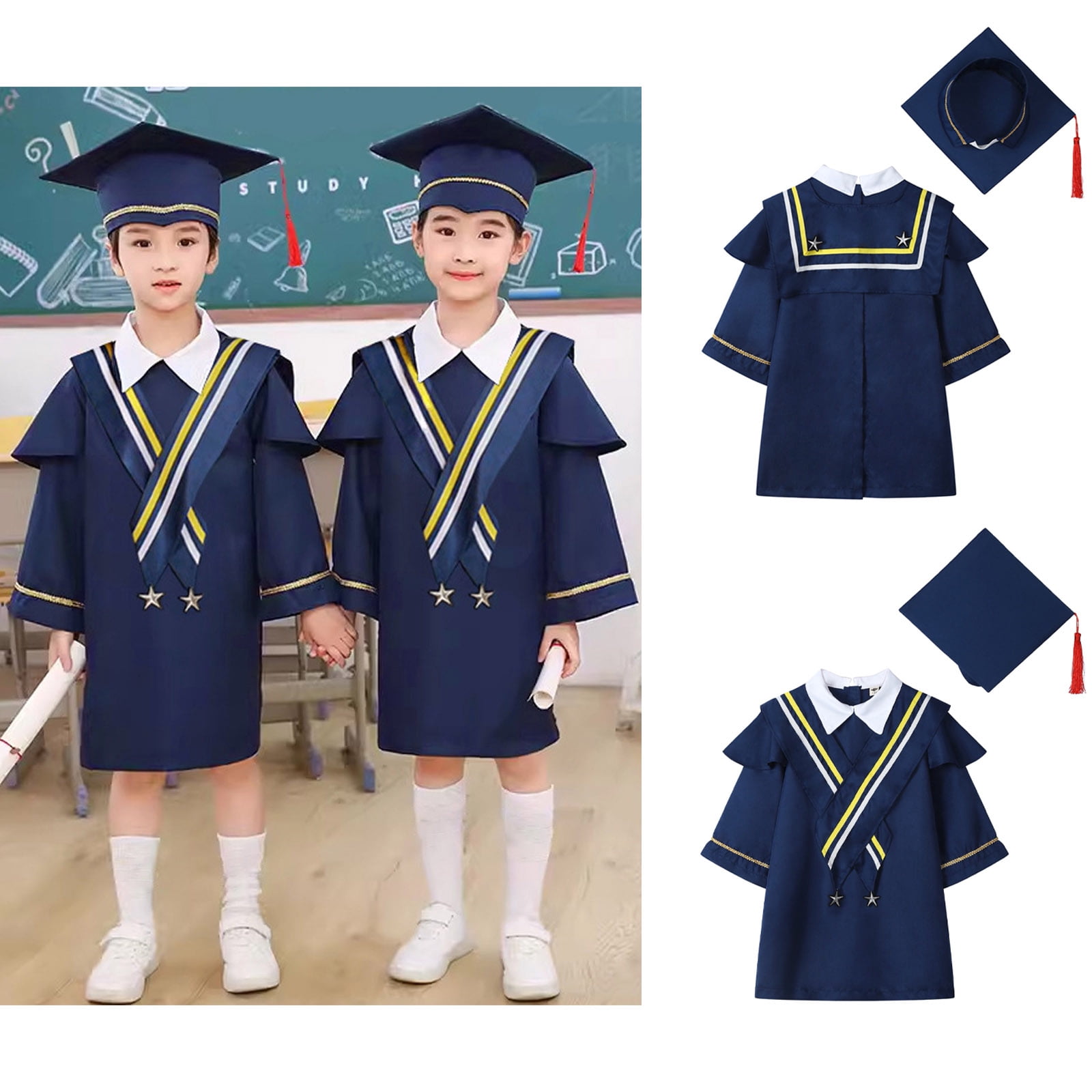 Girls Boys Preschool Graduation Cap and Gown with Tassel Navy Cap and ...