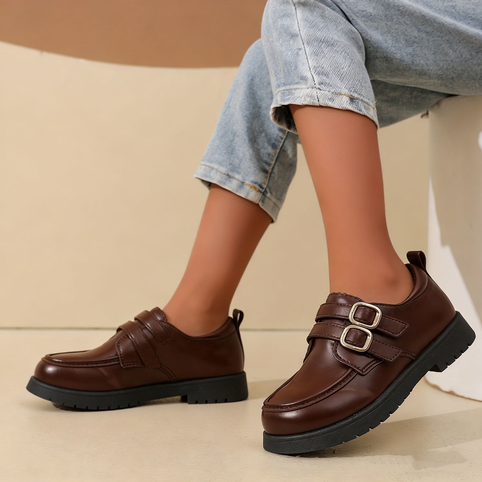 Girls' Brown Loafers Double Buckle School Shoes - Chunky Sole Easy On ...