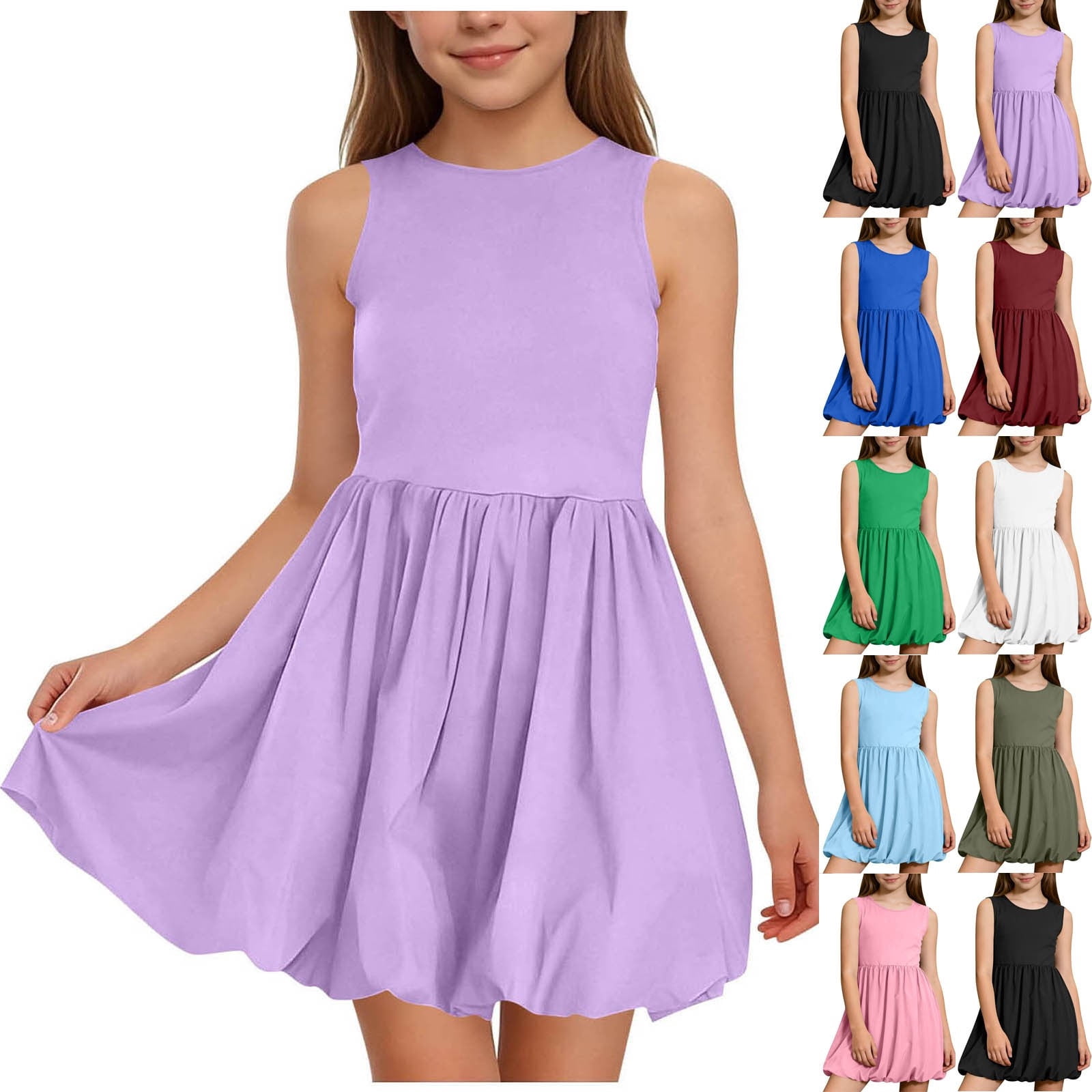 Girls Bubble Dress Summer Sleeveless Crewneck Pleated Sundress A-line ...
