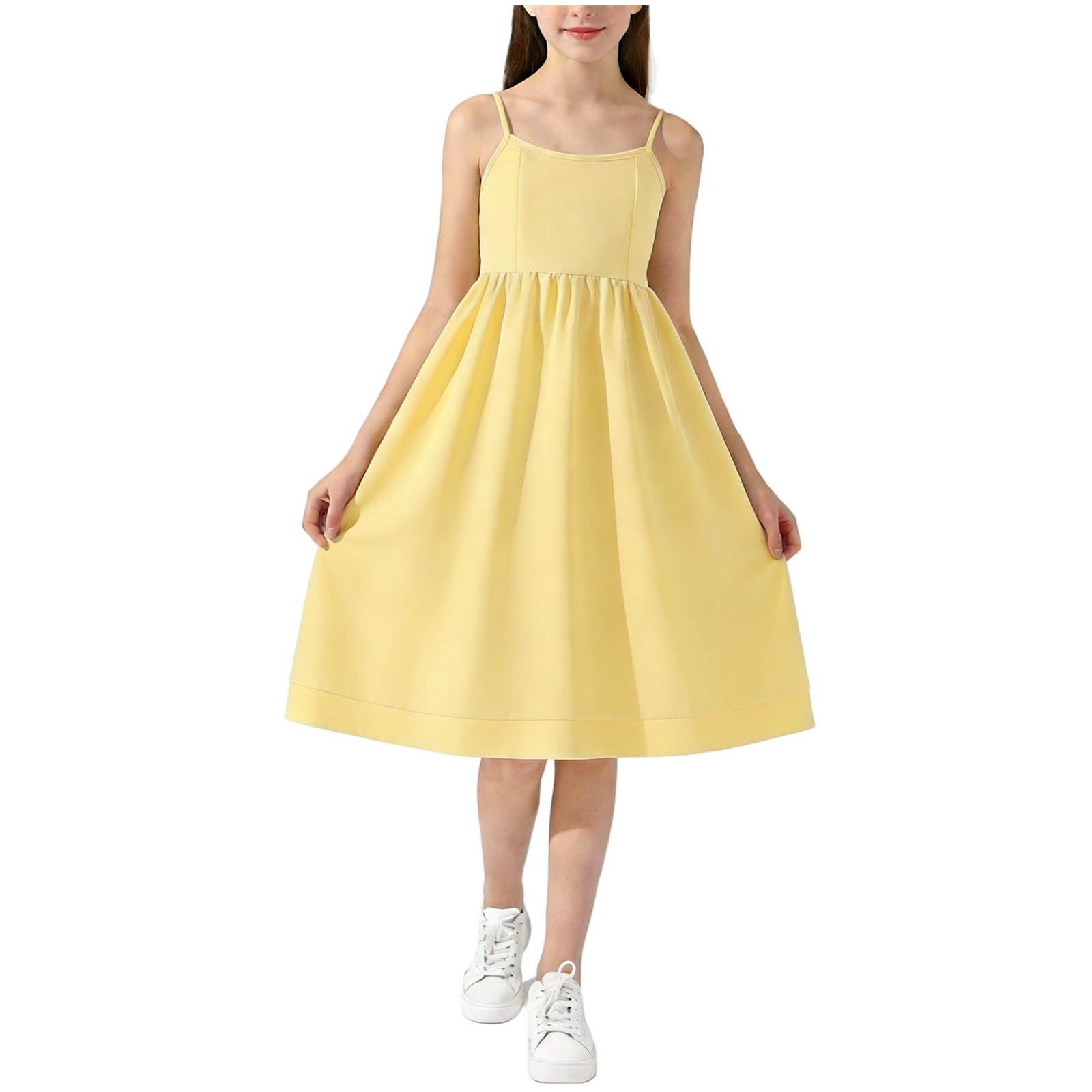 Girls Buttercup Yellow Spaghetti Strap Midi Sundress, Adjustable Straps ...