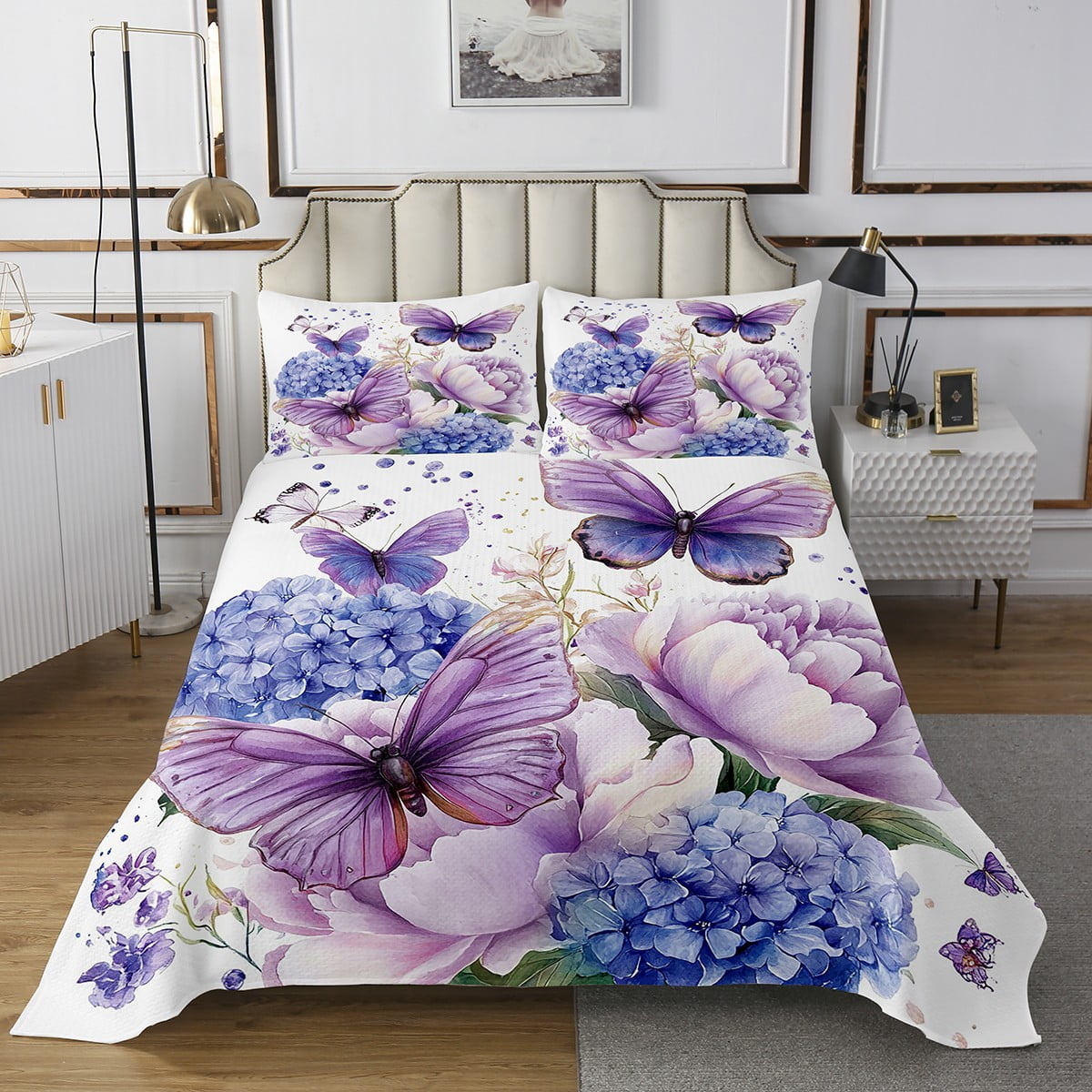 Butterfly Bedspread King Blue Hydrangea Quilt Set Purple Dreamy ...