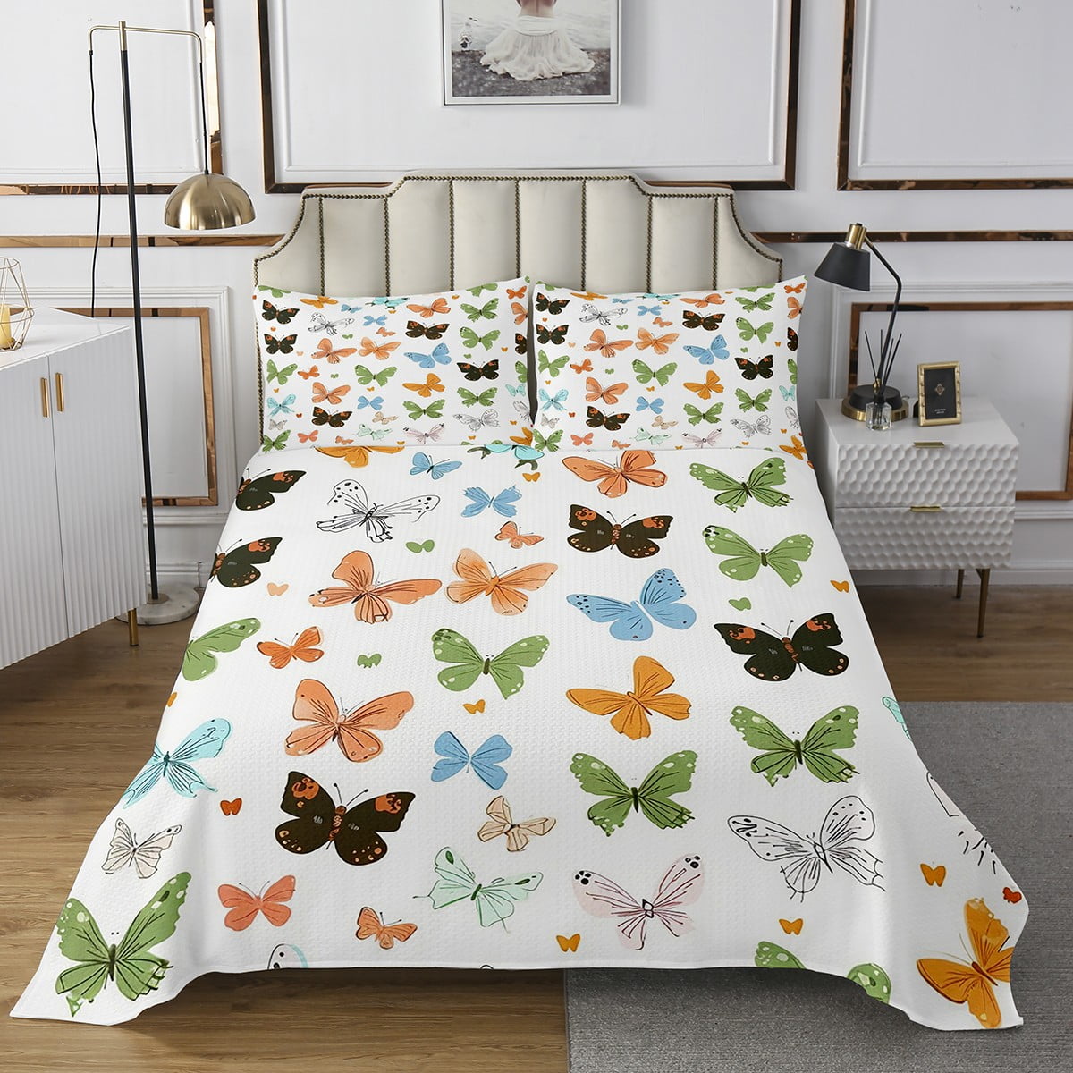 Butterfly Quilt Set Queen,3D Colorful Butterfly Bedspread Rustic Farm ...