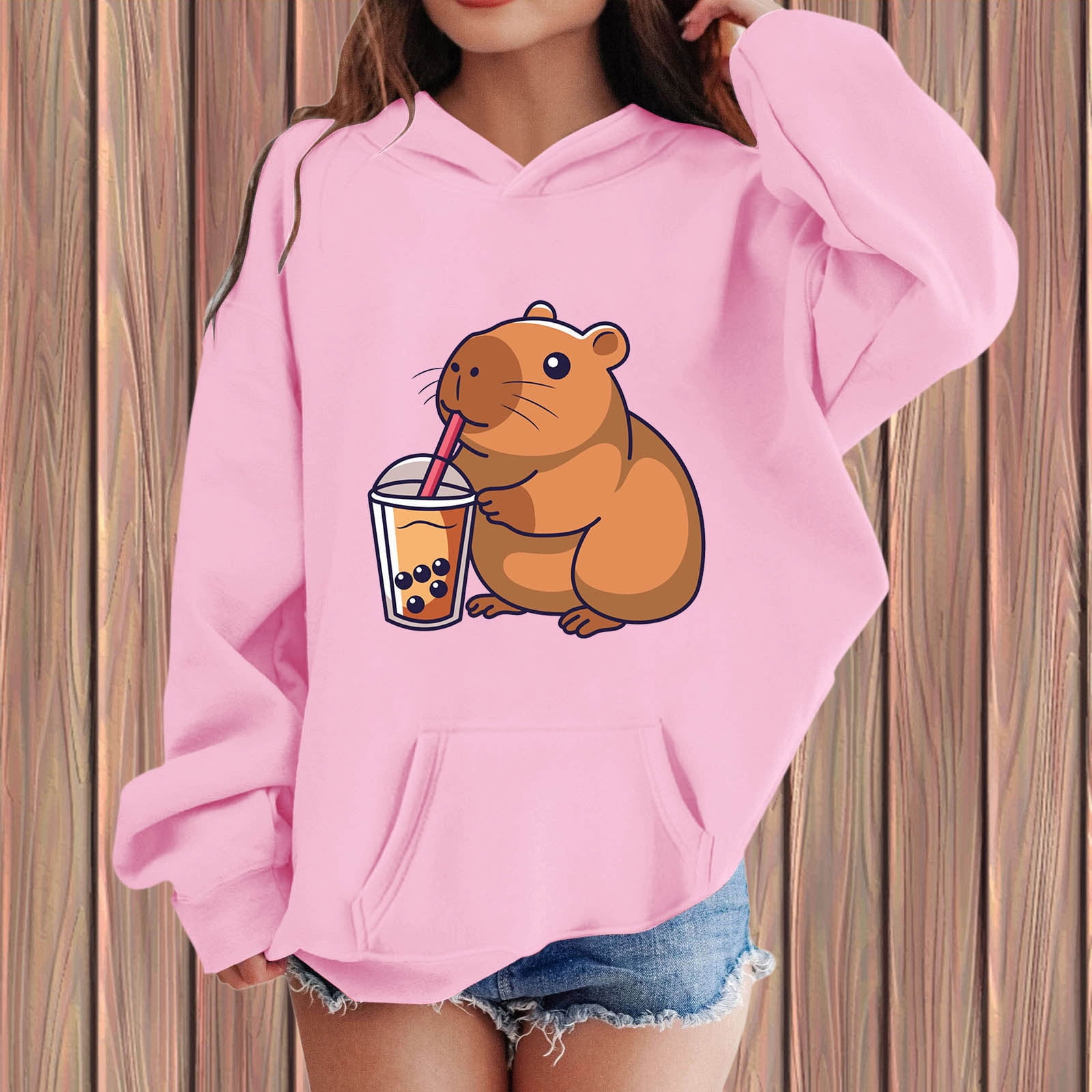 Girls Capybara Print Hooded Sweatshirt,Long Sleeve Pullover With Front ...