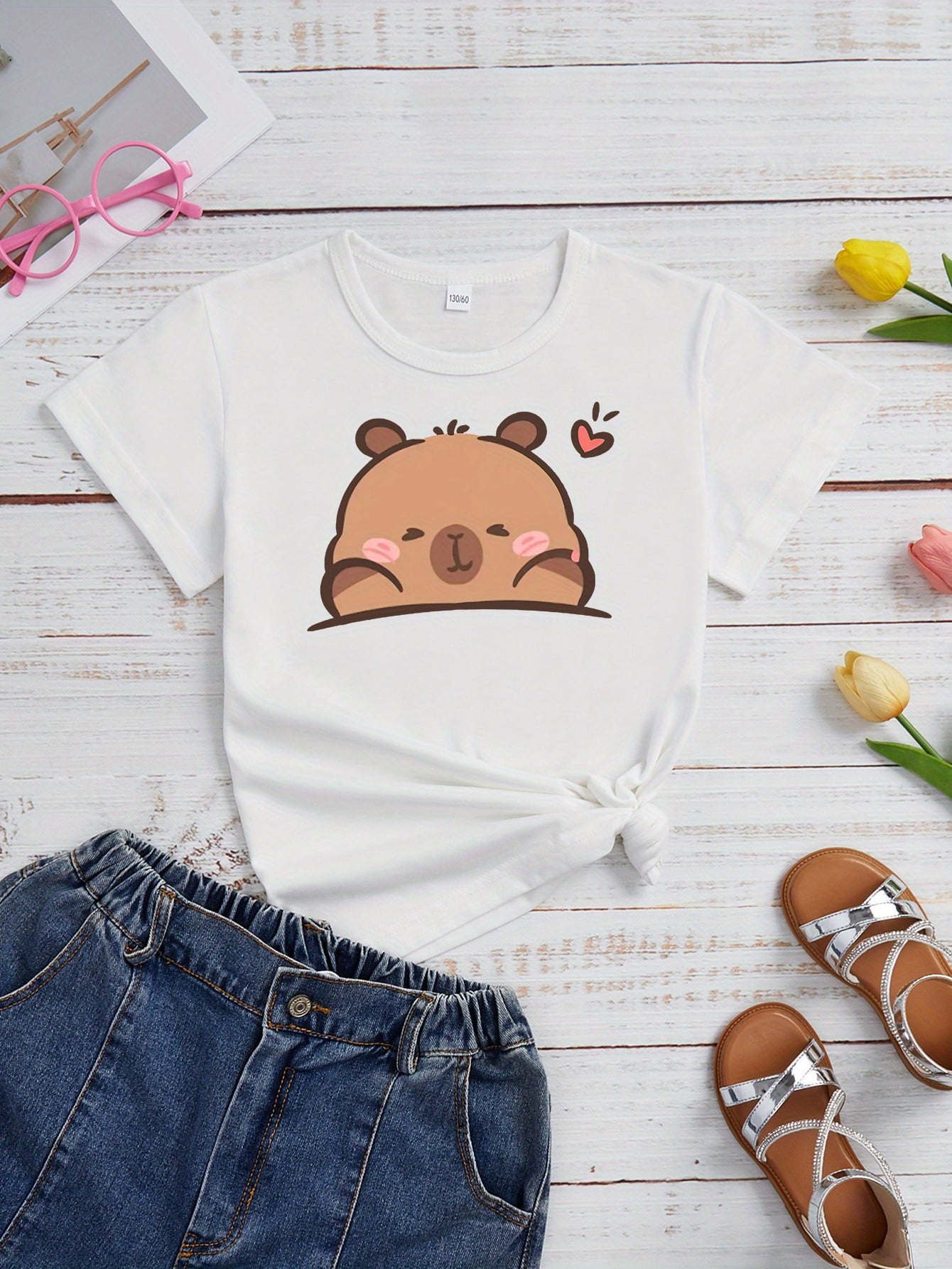 Girls' Capybara Printed Pattern T-shirt, Crew Neck Short Sleeve Casual ...
