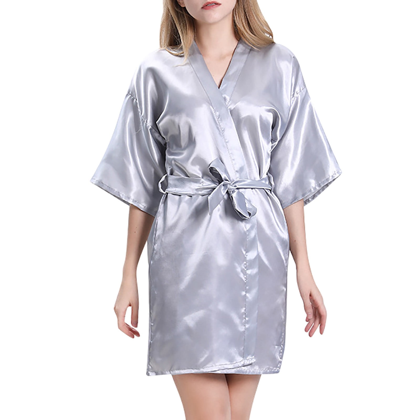 Girls Cardigan Nightgown Satin Solid Color Bandage Nightgown Bathrobe ...