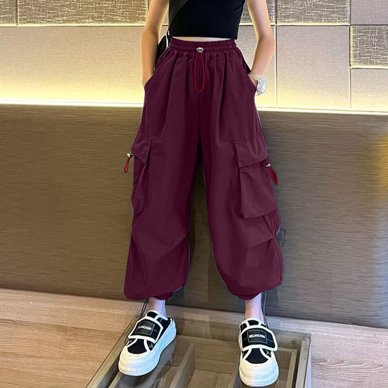 Girls Cargo Pants Classic Cargo Jogger Pants Elastic High Waisted Red ...
