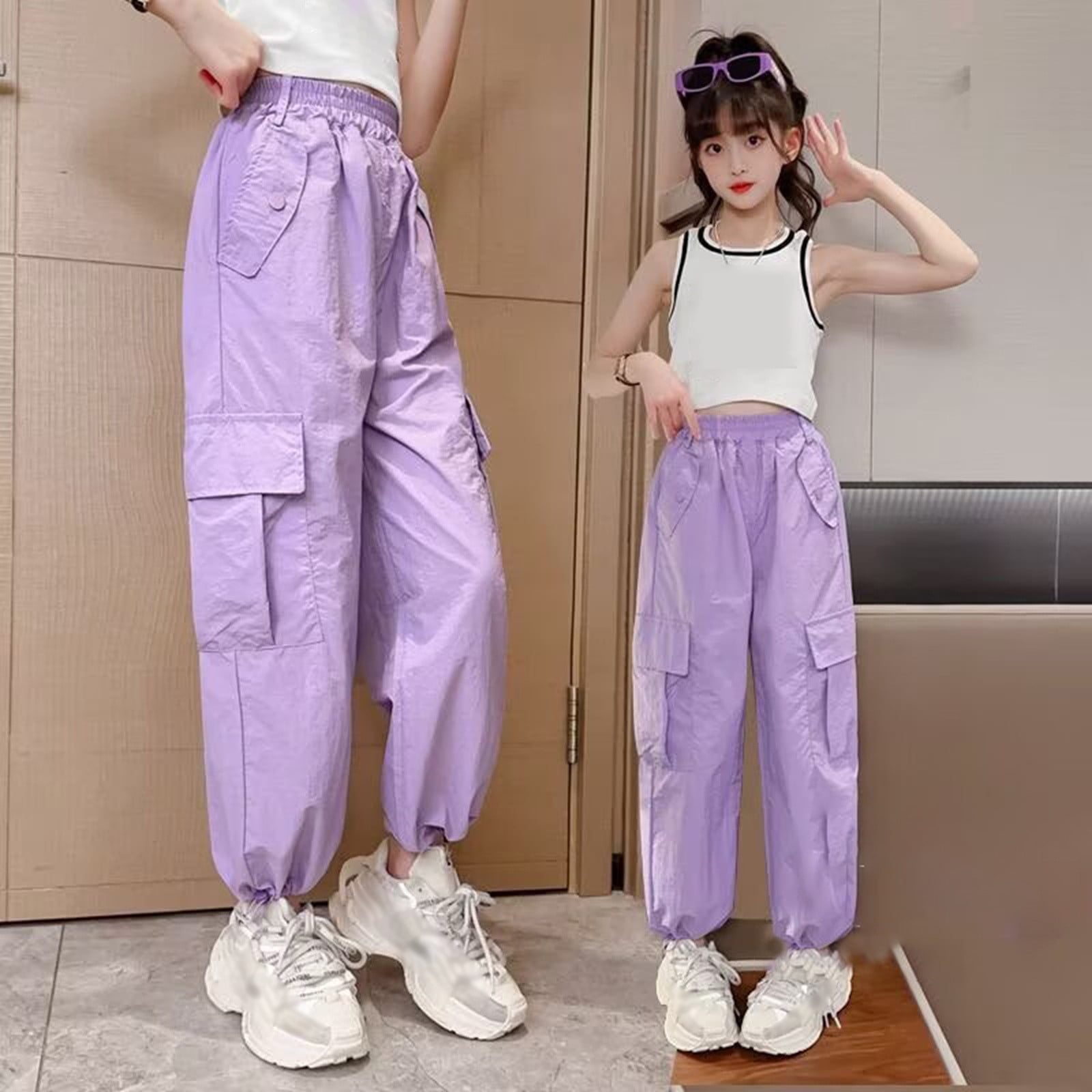 Girls Cargo Pants Classic Cargo Joggers Wide Leg Purple Cargo with ...