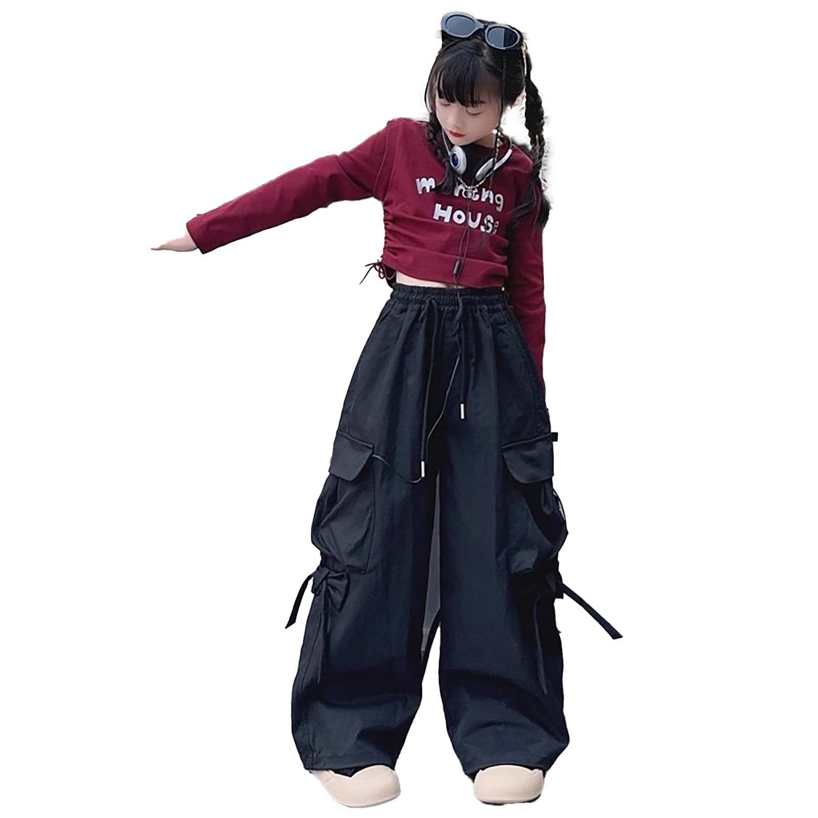 Girls Cargo Pants Classic Fit Baggy Pants Elastic Waist Black Cargo ...