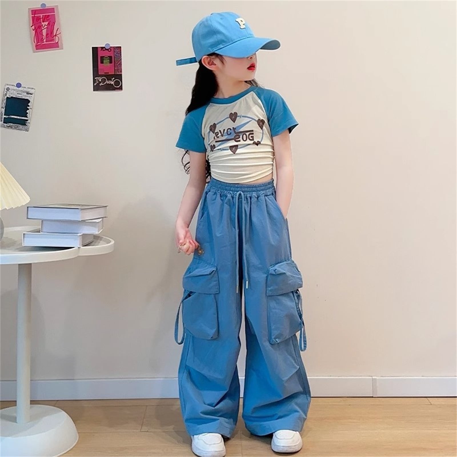 Girls Cargo Pants Loose Fit Baggy Pants Kids Straight Leg Blue Cargo ...