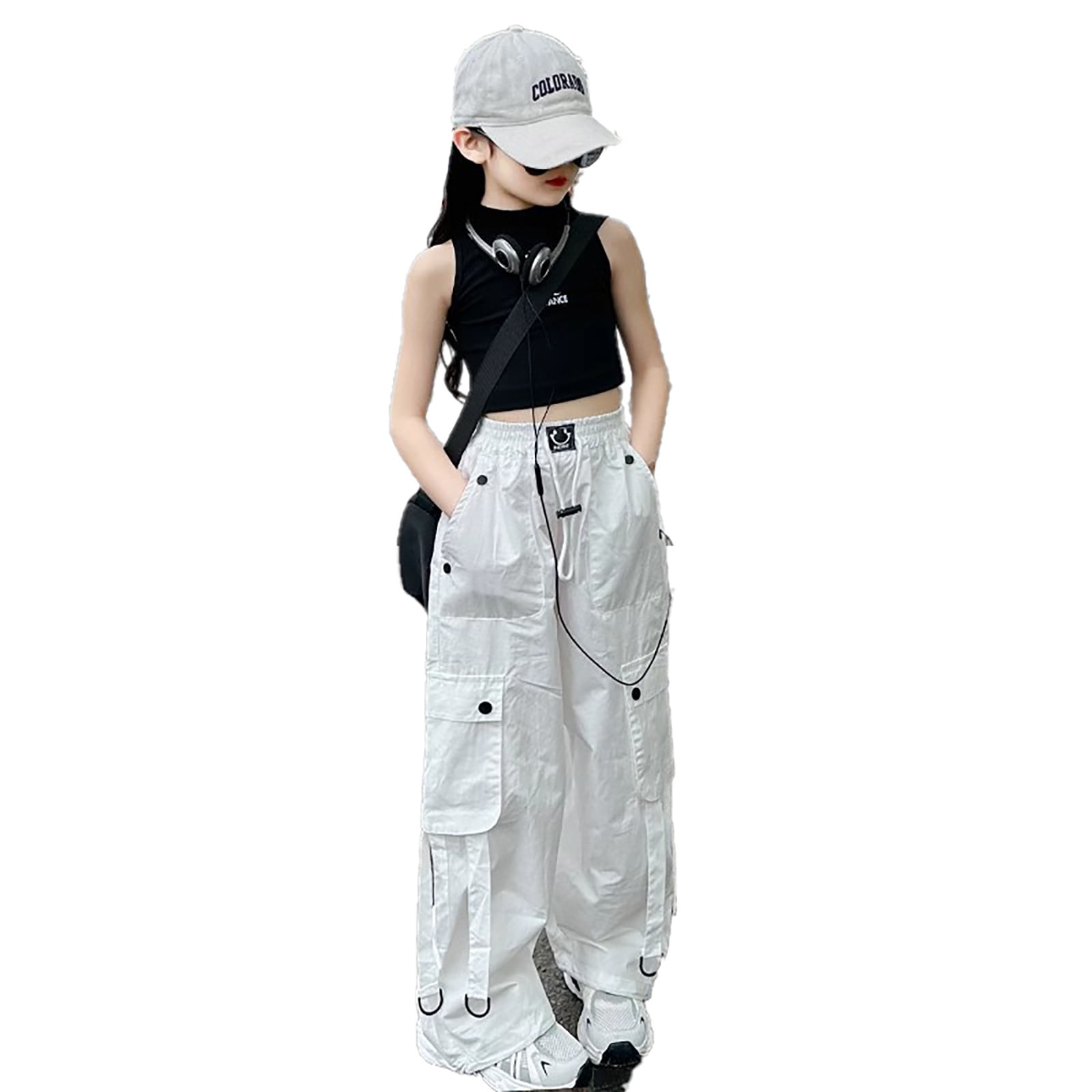 Girls Cargo Pants Relaxed Fit Baggy Pants Kids Straight Leg White Cargo ...