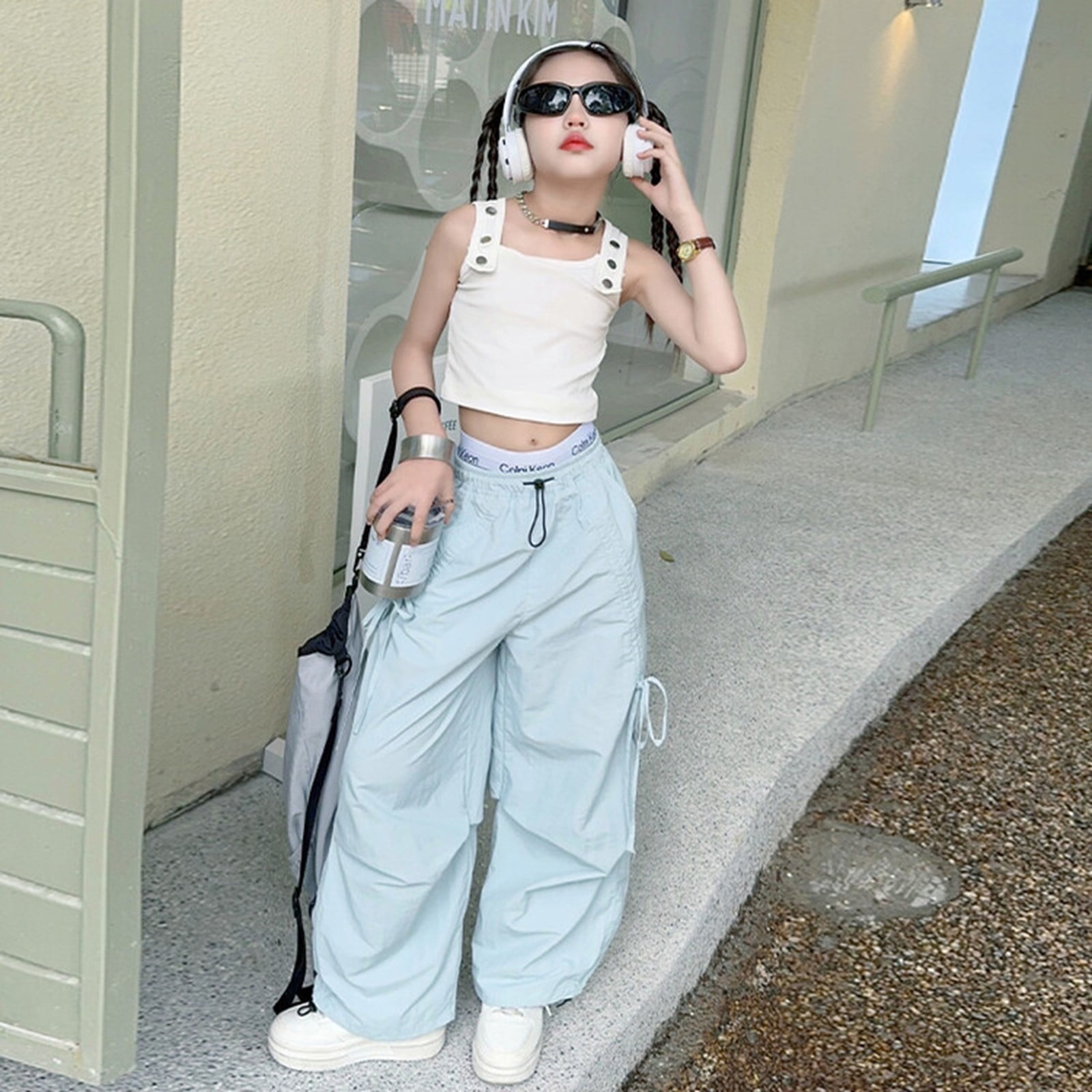 Girls Cargo Pants Relaxed Fit Baggy Pants Wide Leg Blue Cargo with ...