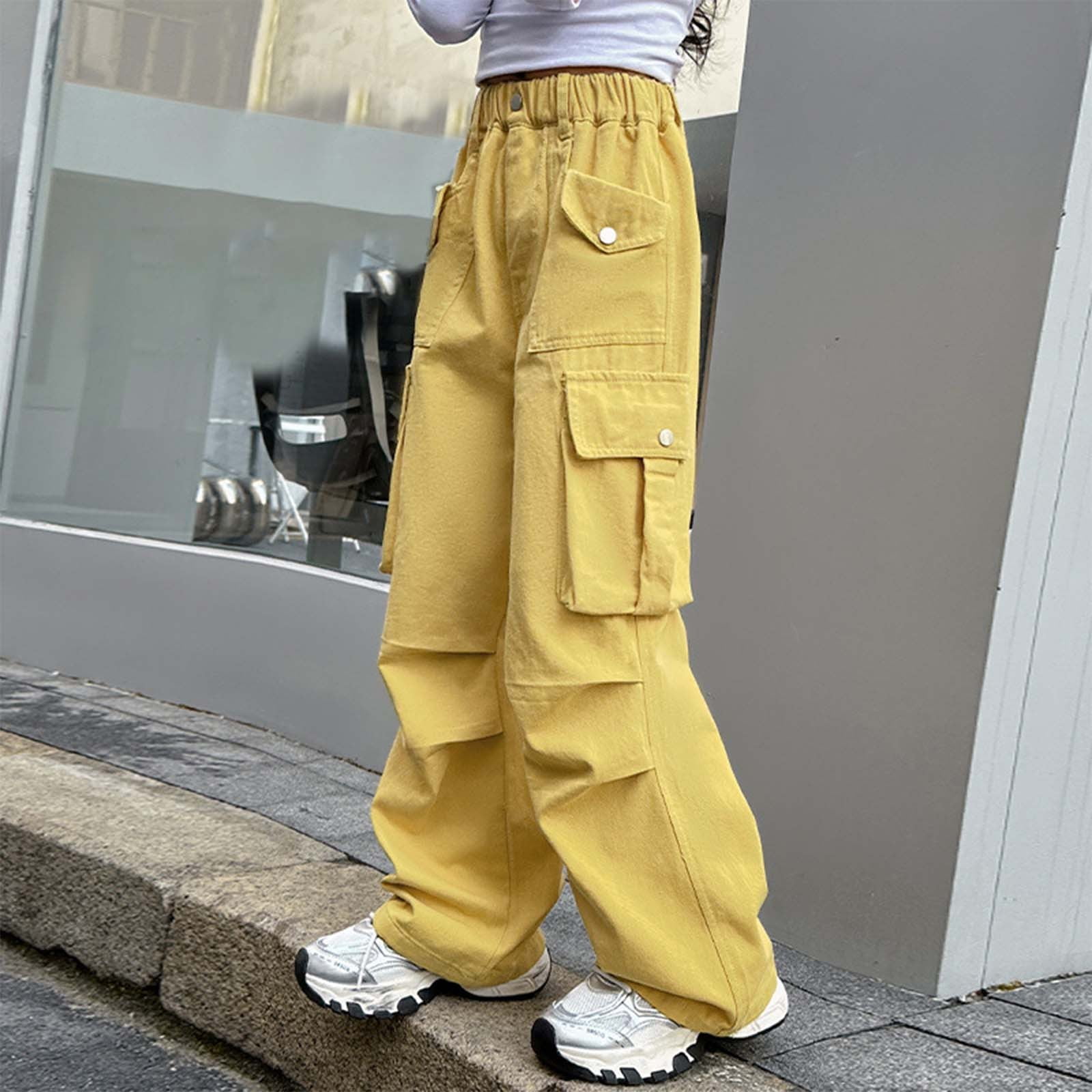 Girls Cargo Pants Slim Fit Cargo Joggers High Elastic Waisted Yellow ...