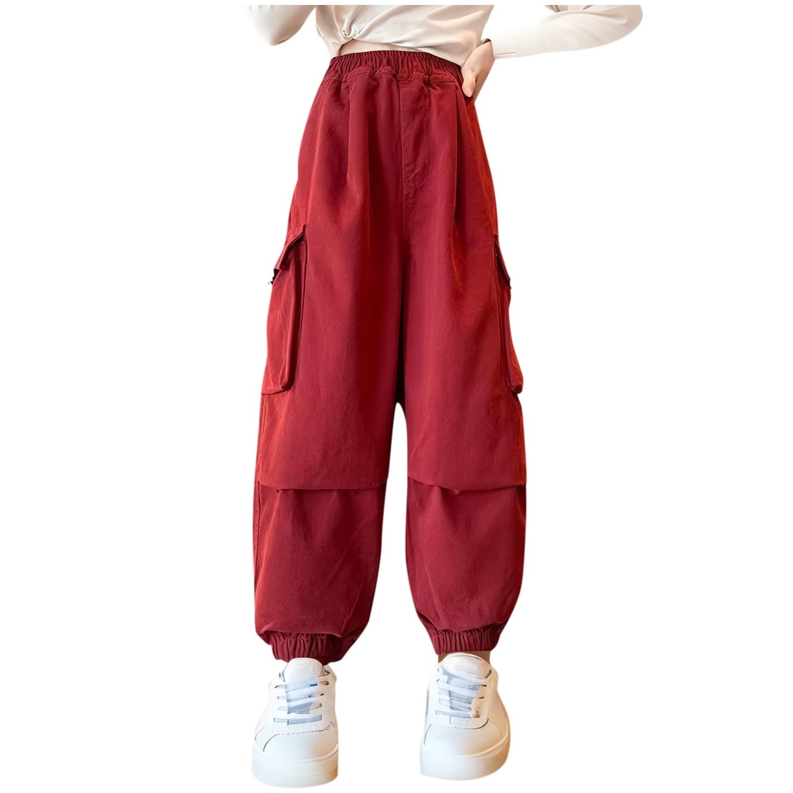 Girls Cargo Pants Teens High Waist Baggy Solid Casual Trousers Loose ...