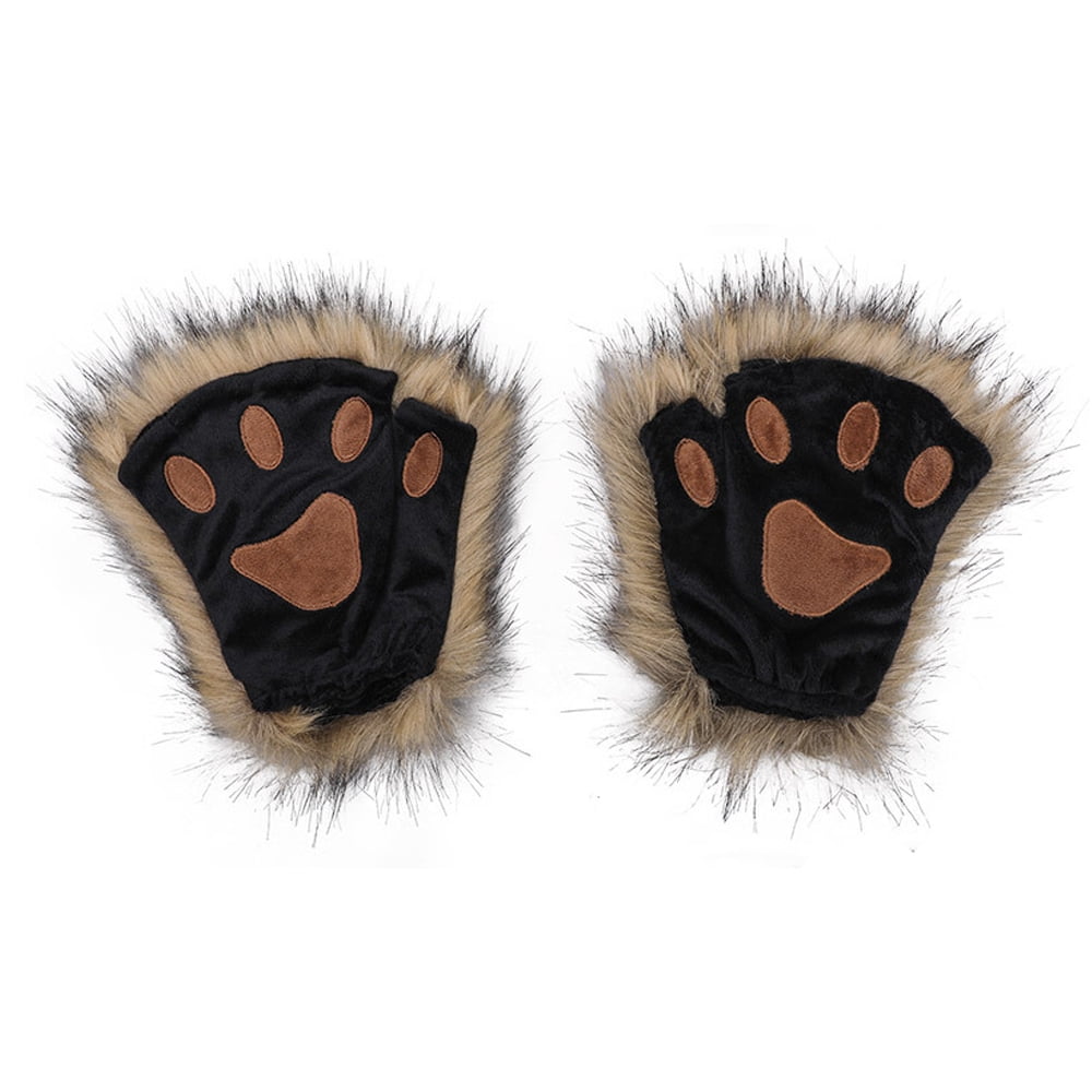 Girls Cartoon Bear Claw Gloves Half Finger Paw Gloves Winter Warm Plush ...