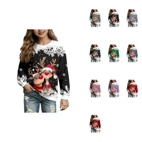 Girls' Cartoon Deer Head Crew Neck Long Sleeve Sweatshirt, Soft Comfy ...