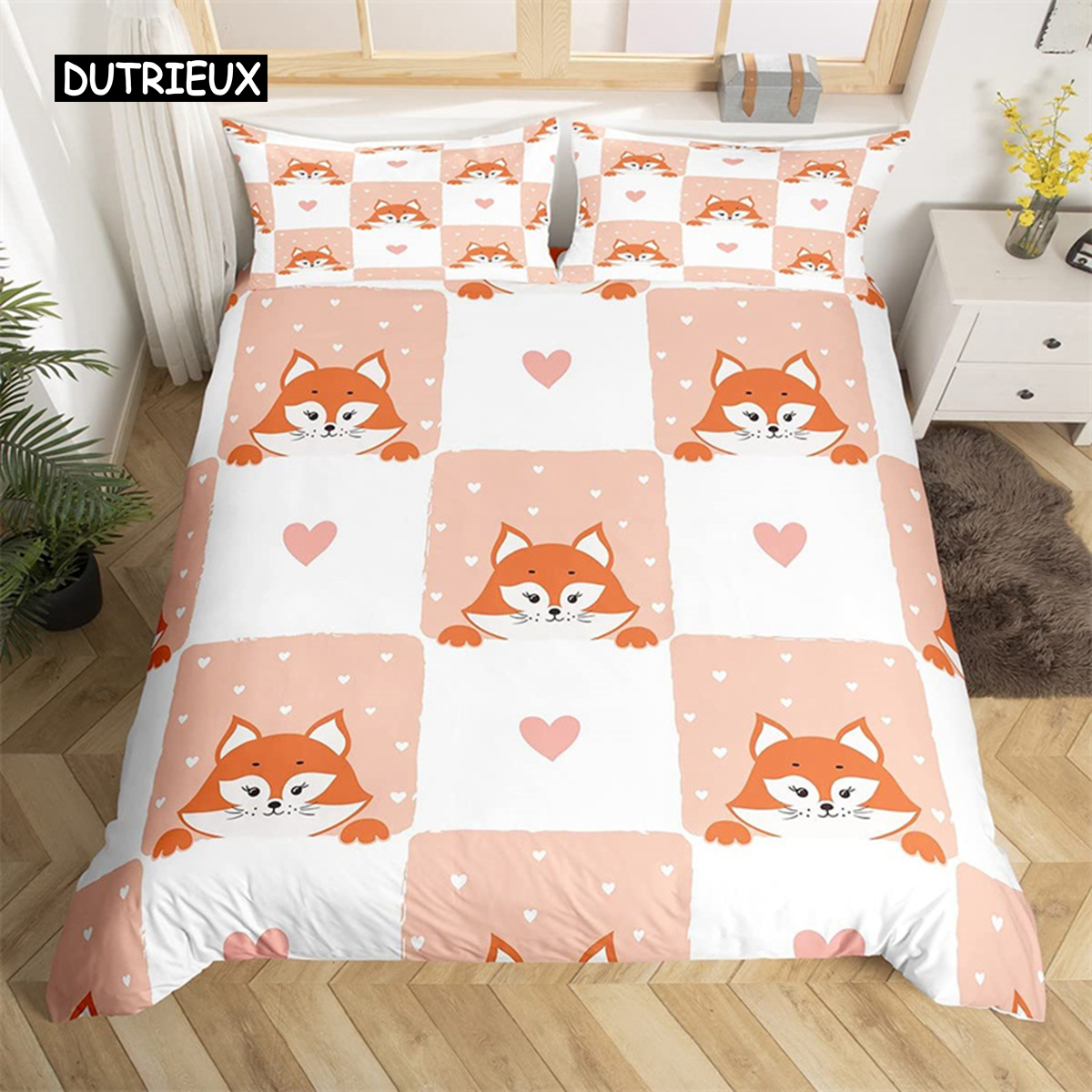 Girls Cartoon Fox Duvet Cover Kawaii Animal Comforter Cover Microfiber ...