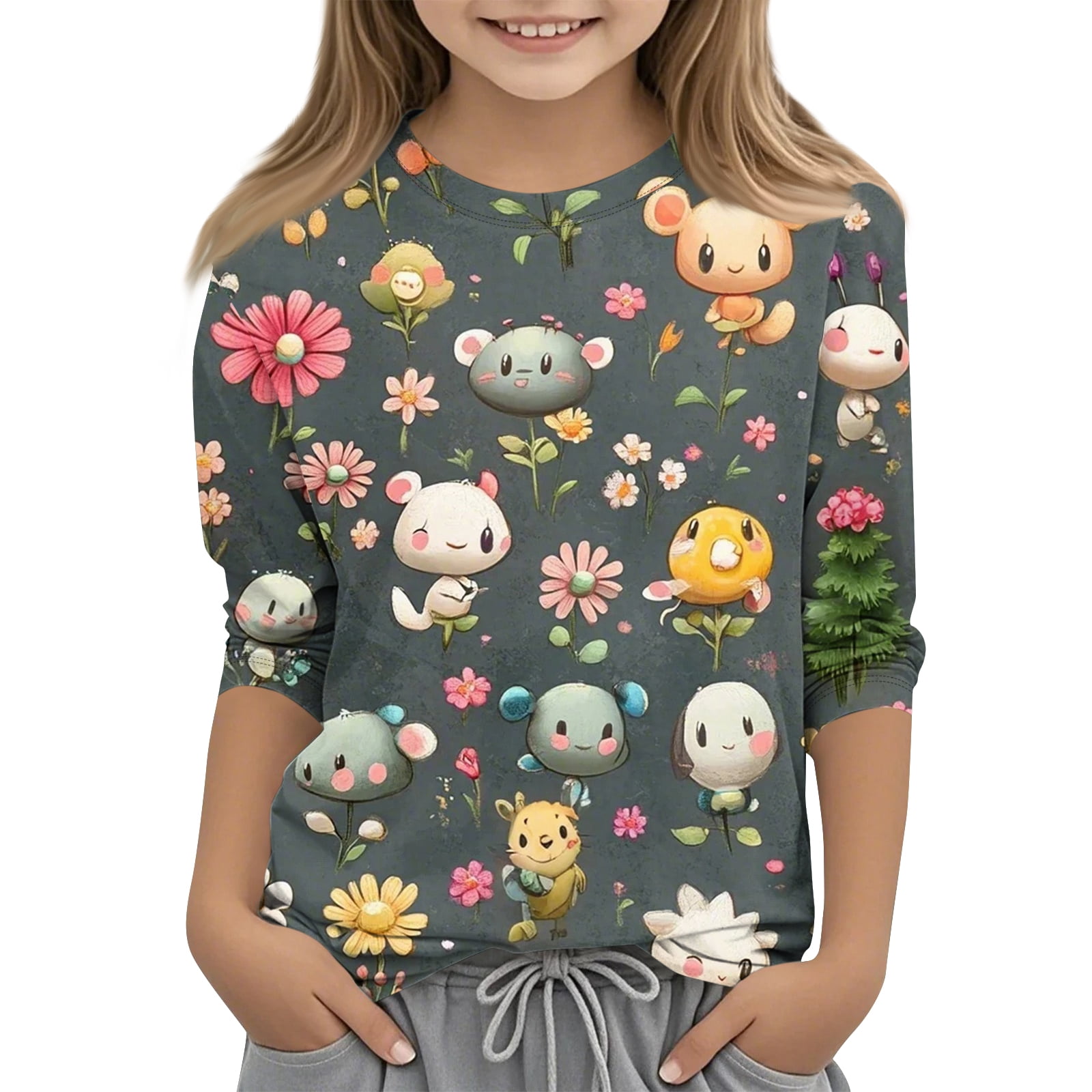 Girls Cartoon Print 3/4 Sleeve Shirts Kids Spring Casual Cute Preppy ...
