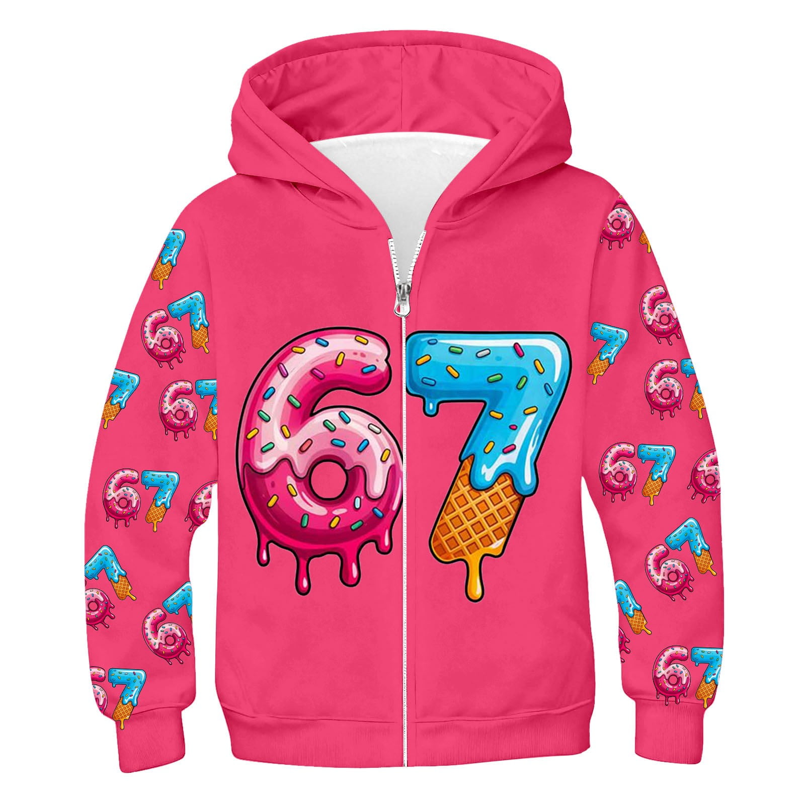 Girls Cartoon Print Hooded Zip Up Jacket Sweatshirt Six Seven Youth ...