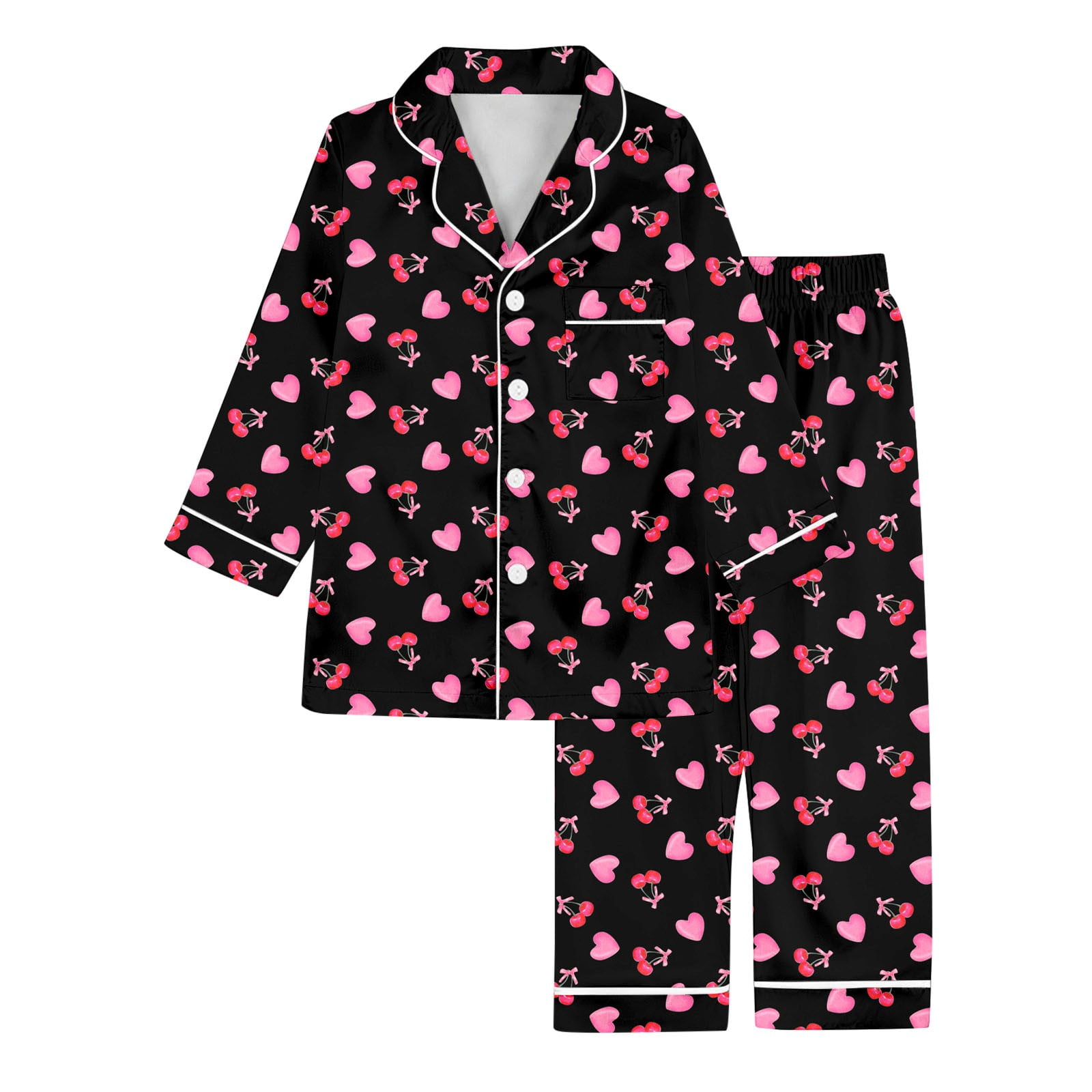 Girls Cartoon Print Silk Like Long Sleeve Clothes Sets Cute Cherry And ...