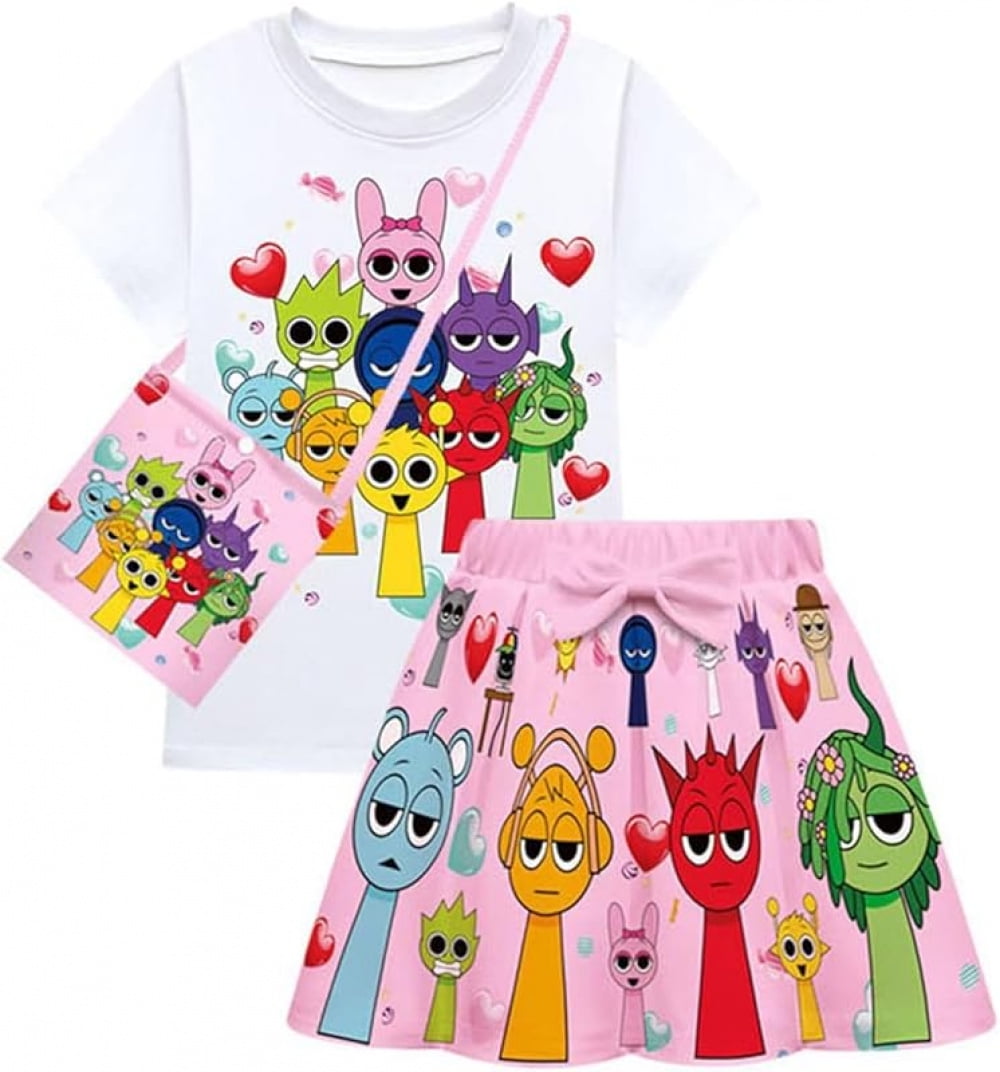 Girls Cartoon Short Sleeve Shirt and 3D Printed Skirt Set with Bag 3 ...