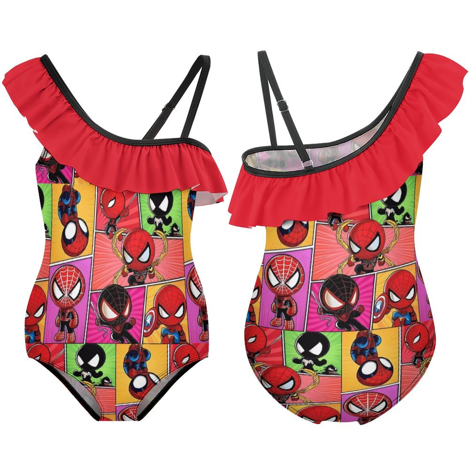 Girls Cartoon Spider Cool man One Piece Swimsuits Cute Ruffle Bathing ...