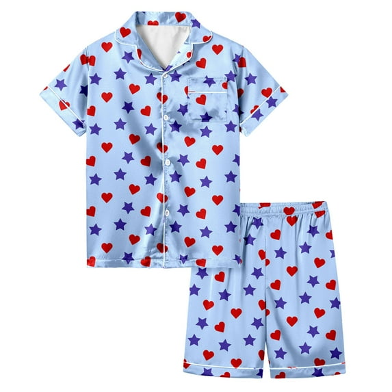 Girls Cartoon Star And Heart Print Satin Short Sleeve Shorts Clothes ...