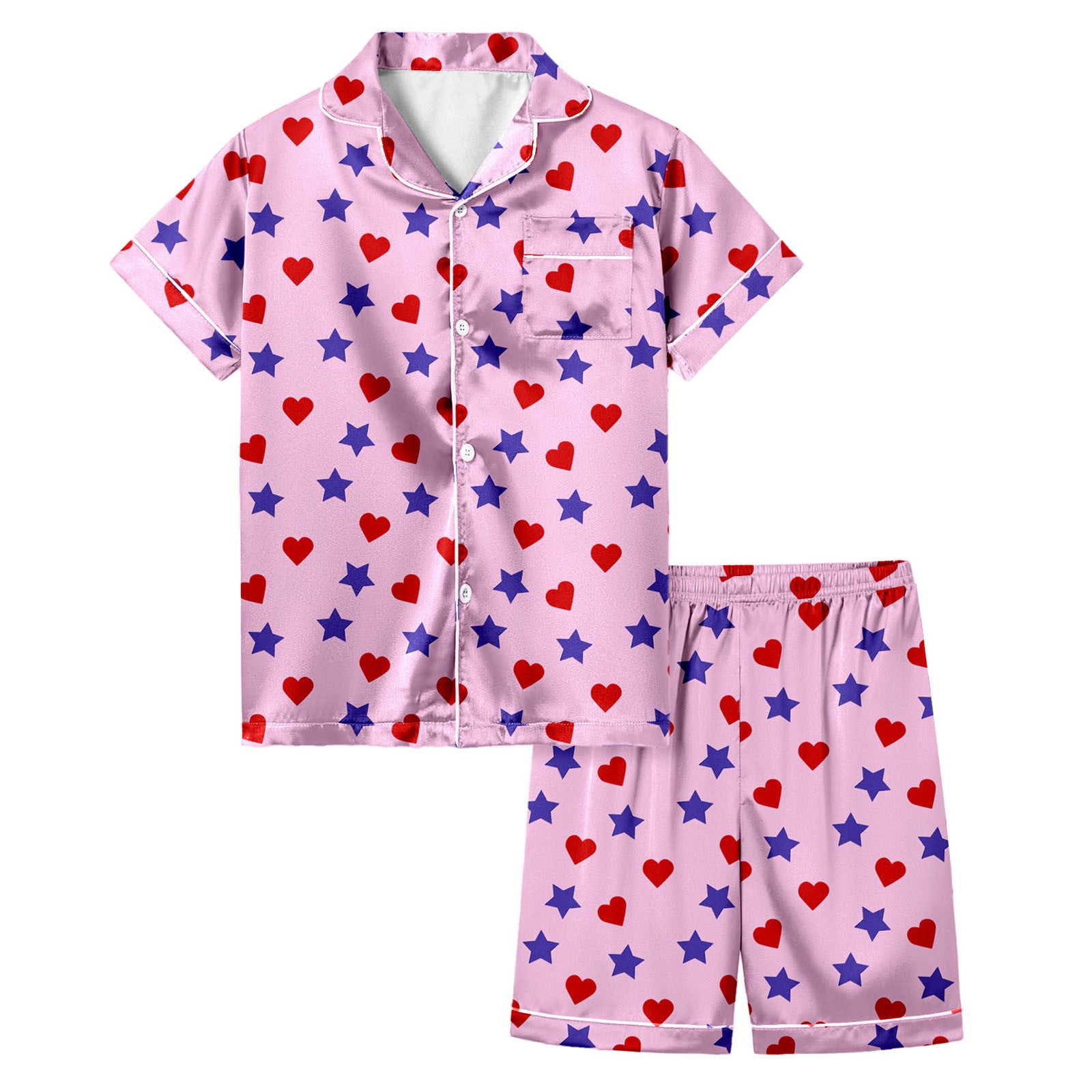 Girls Cartoon Star And Heart Print Satin Short Sleeve Shorts Clothes ...