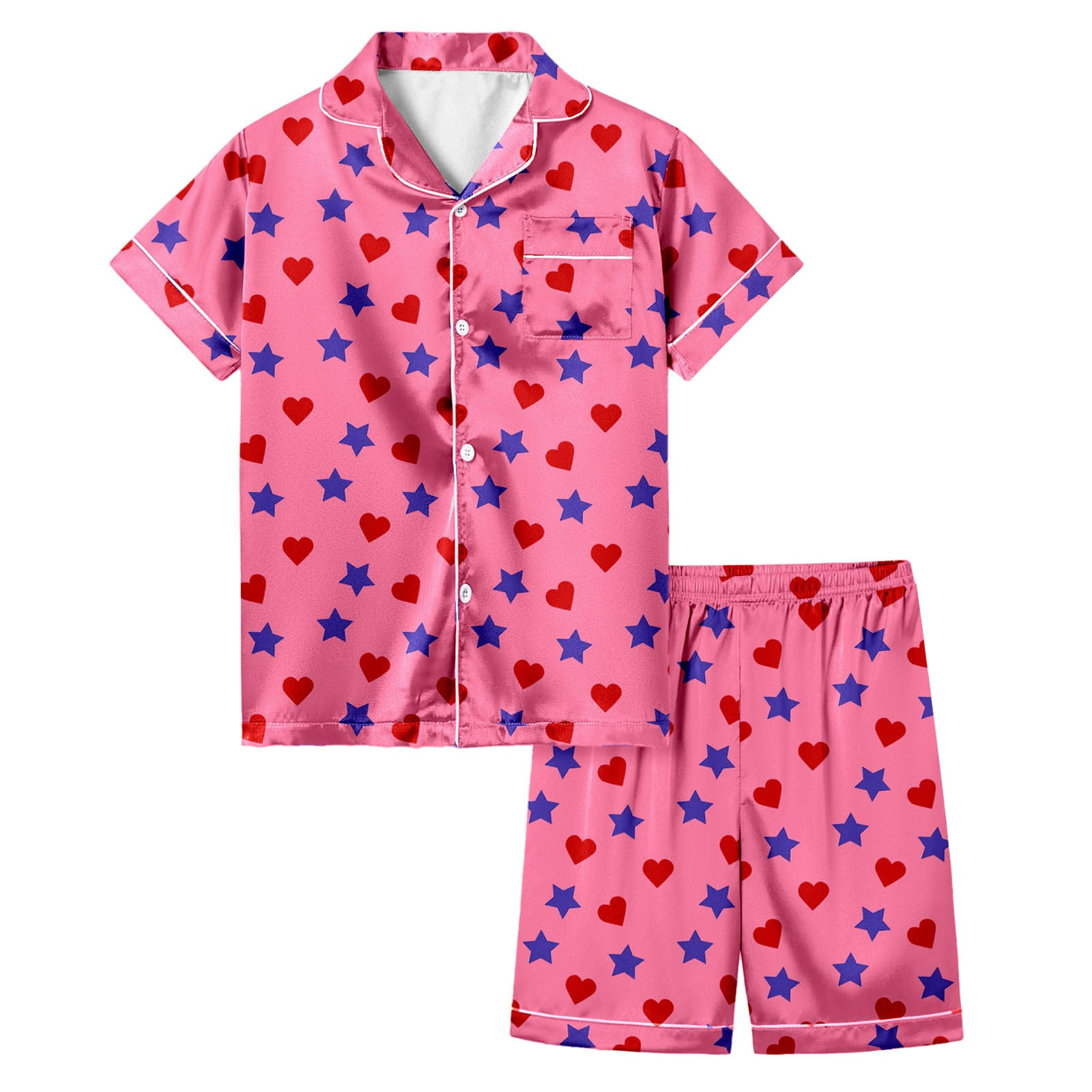 Girls Cartoon Star And Heart Print Satin Short Sleeve Shorts Clothes ...