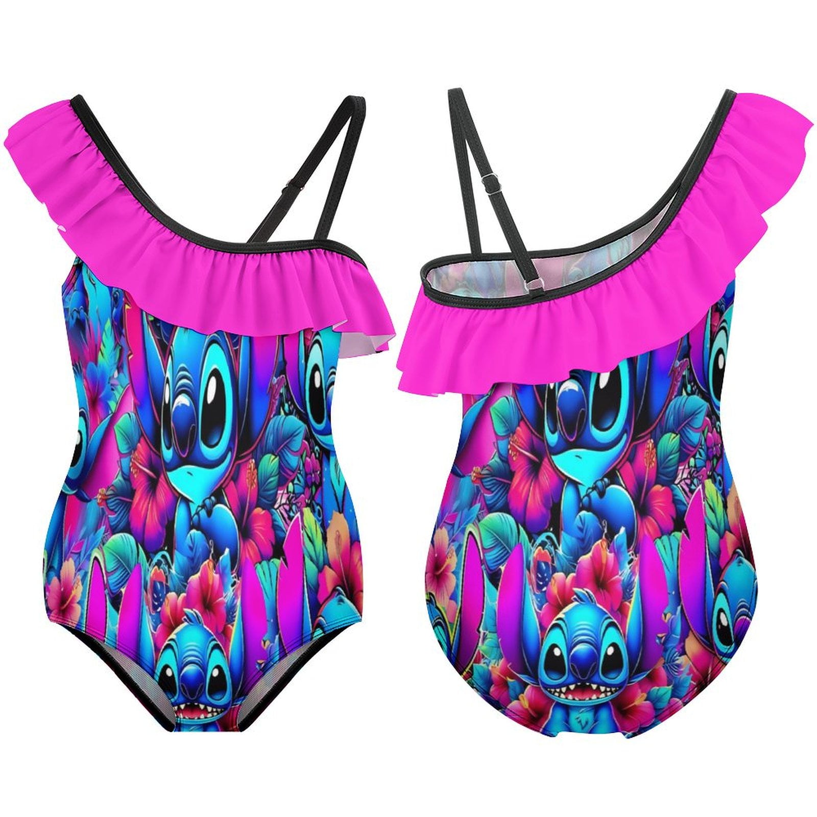 Girls Cartoon Stitch One Piece Swimsuits Cute Ruffle Bathing Suits ...