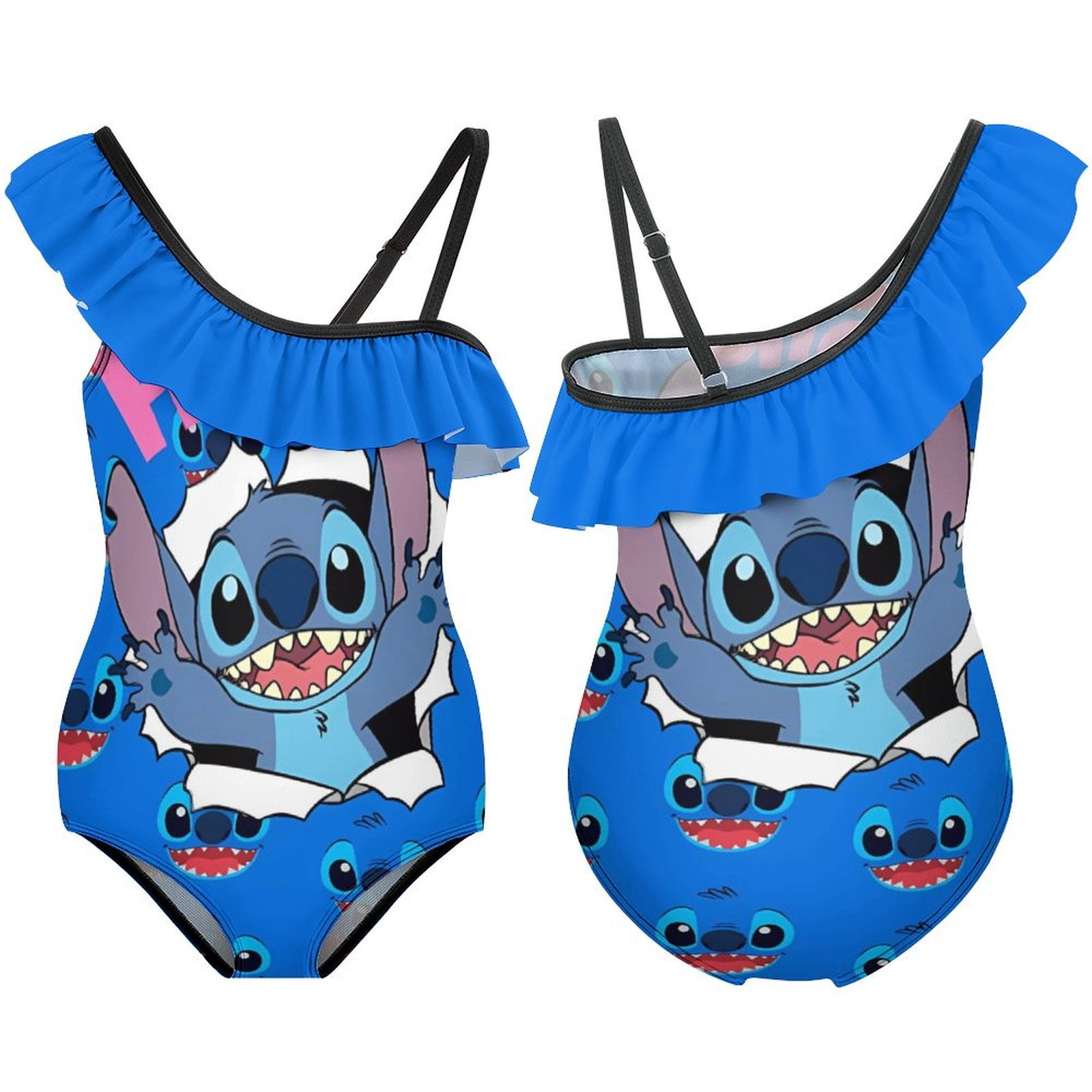 Girls Cartoon Stitch One Piece Swimsuits Cute Ruffle Bathing Suits ...