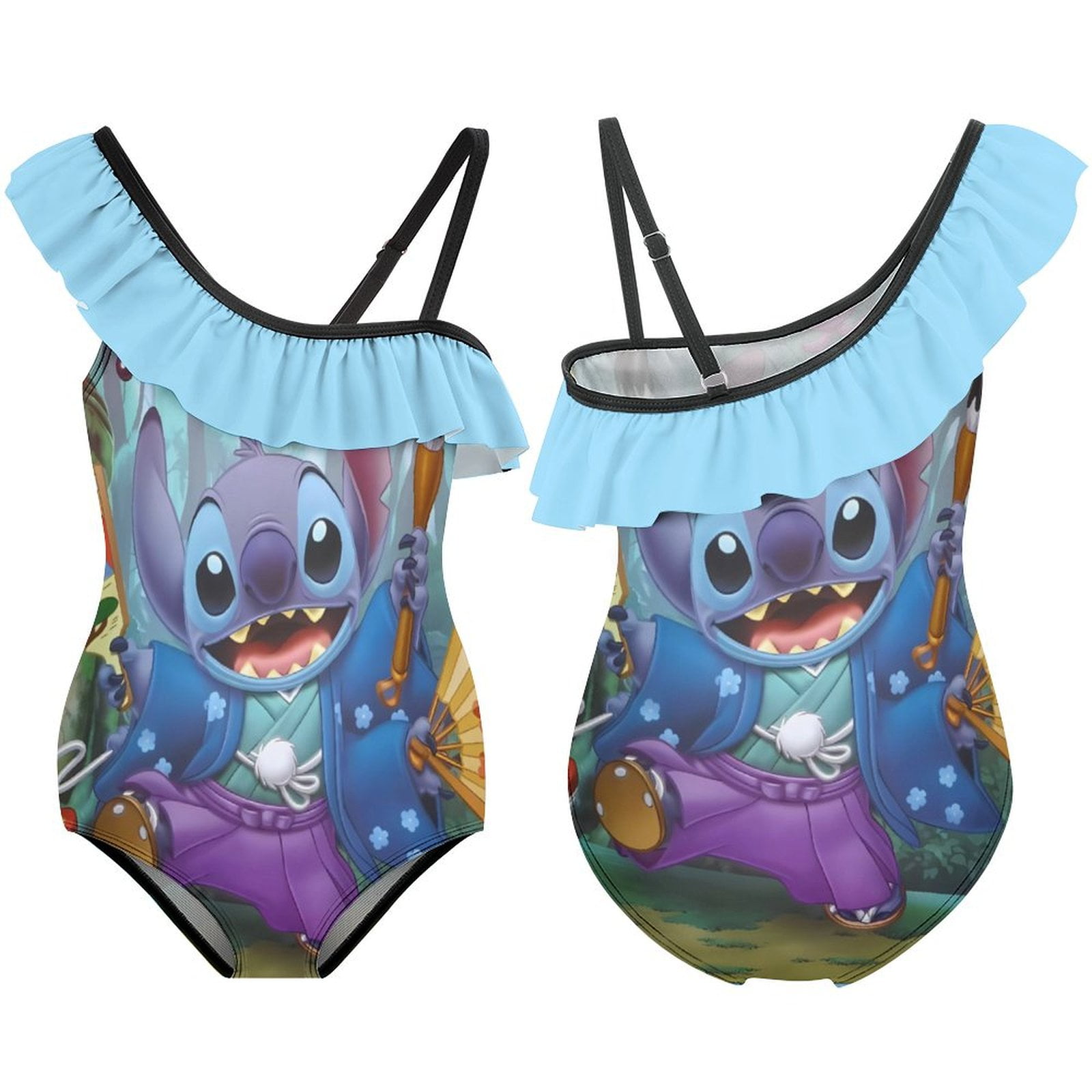 Girls Cartoon Stitch One Piece Swimsuits Cute Ruffle Bathing Suits ...