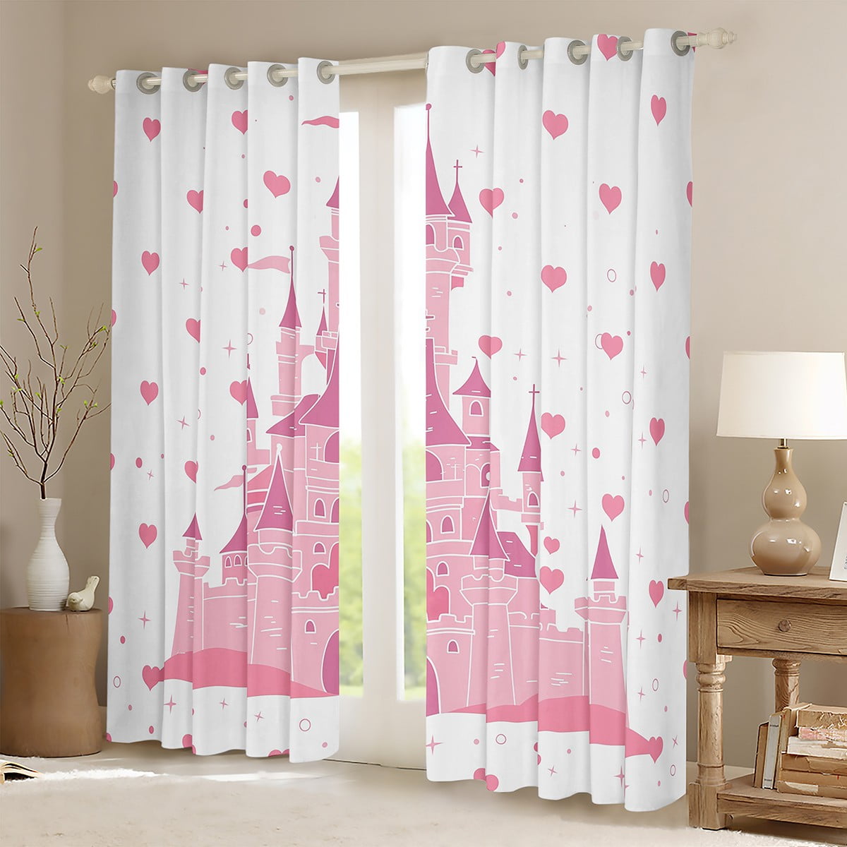 Castle (42Wx84L) 2 Panels 30%-50% Blackout Curtains Pink Castle Printed ...