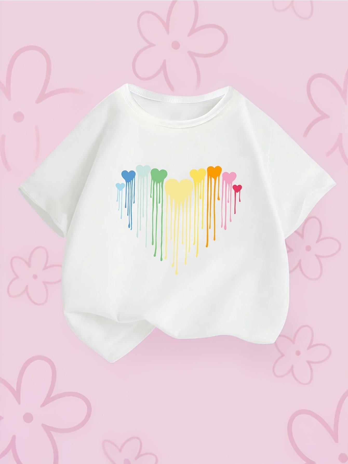 Girls' Casual Cotton T-Shirt | Colorful Heart Print | Round Neck, Short ...
