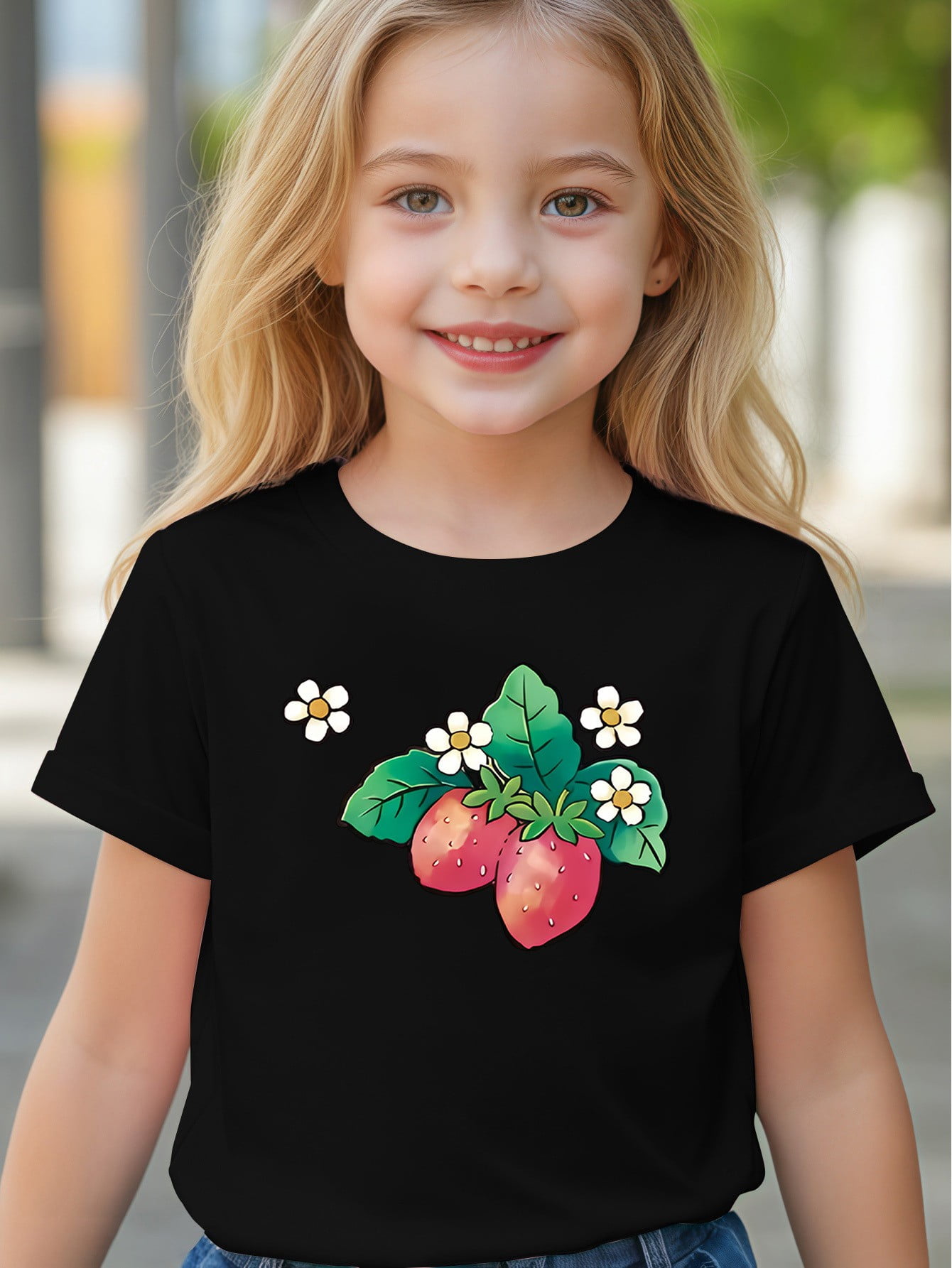 Girls' Casual Cotton T-Shirt with Strawberry & Flower Print - Comfy ...