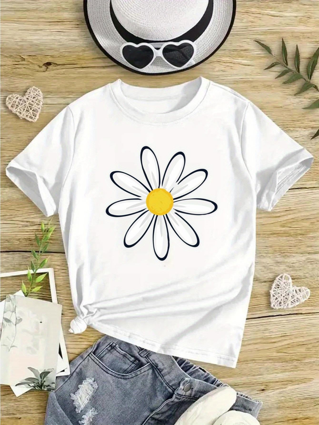 Girls' Casual Daisy Graphic Tee - Soft Cotton, Round Neck Short Sleeve ...