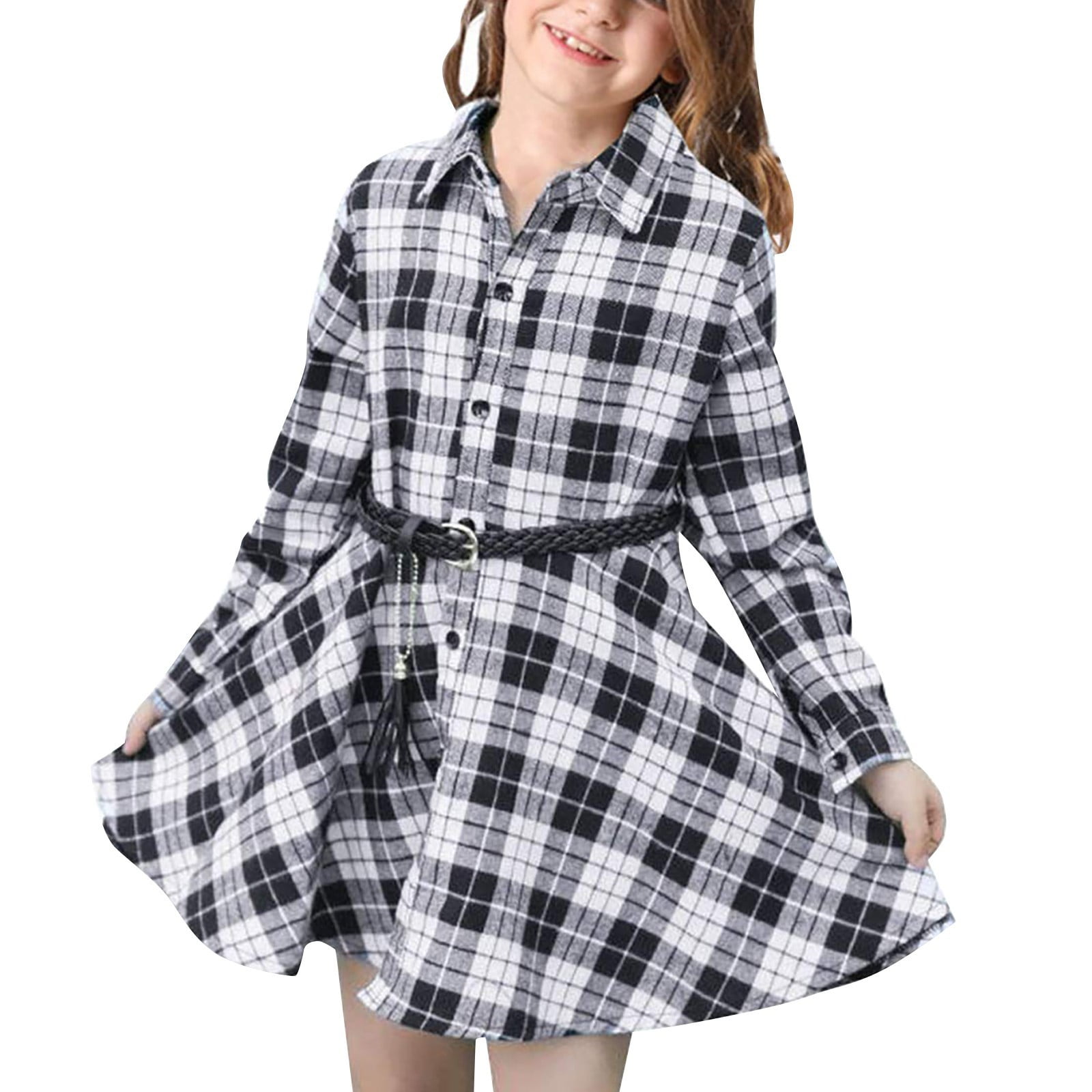 Girls Casual Dress Belt Long Sleeve Buffalo Check Black White Red Plaid ...
