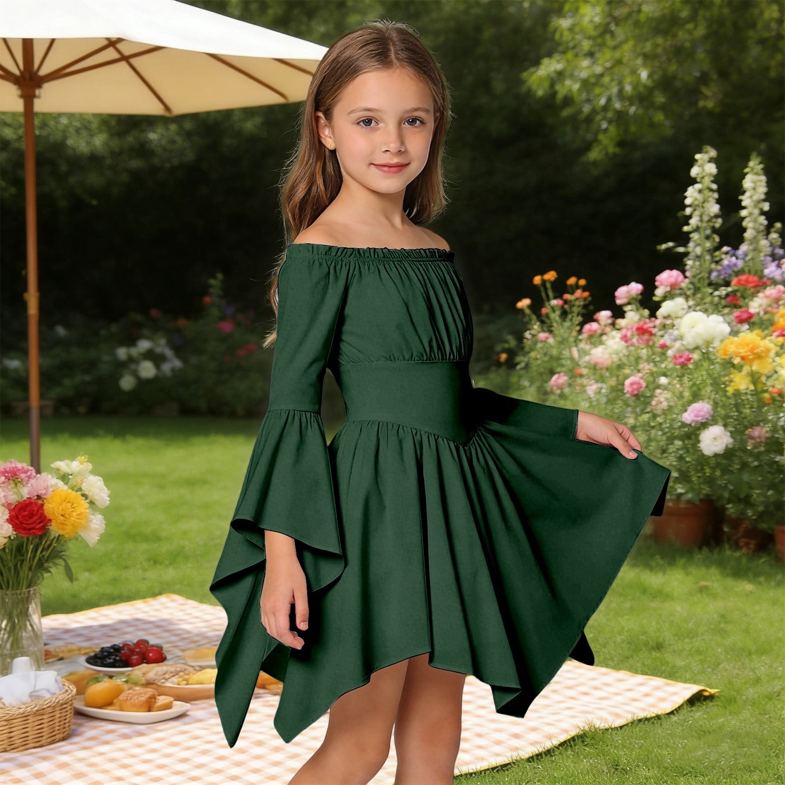 Girls Casual Fashion Off Shoulder Dress With Ruffle Hem Summer Play ...