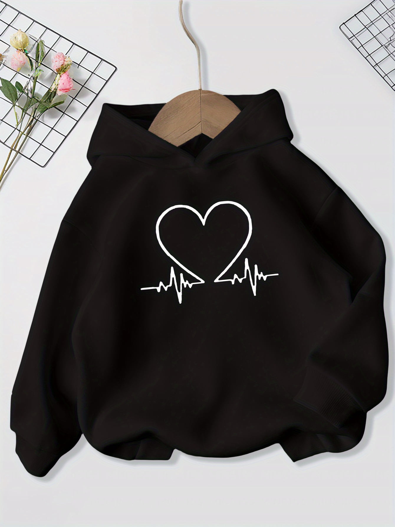 Girls' Casual Hooded Sweatshirt - Black Heart & Heartbeat Graphic Print ...