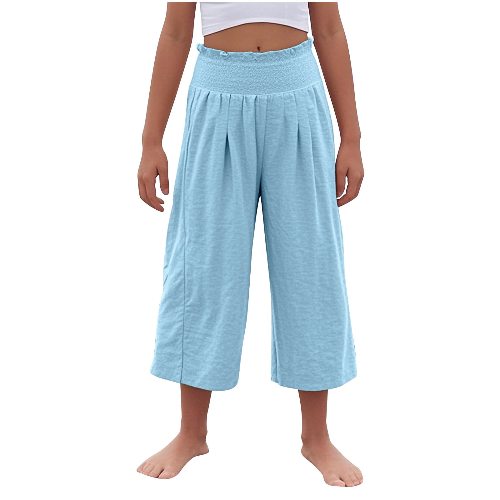 Girls Casual Linen Capris Smocked High Waist Capri Pant Pleated Loose ...