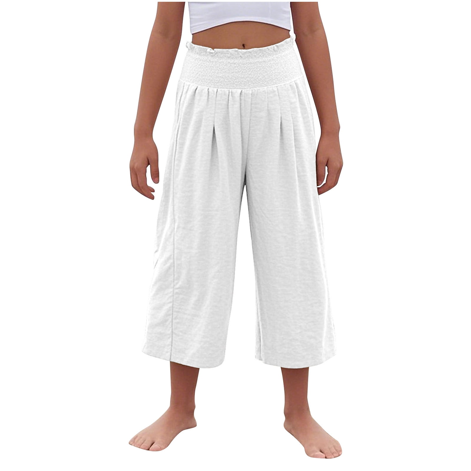 Girls Casual Linen Capris Smocked High Waist Capri Pant Pleated Loose ...