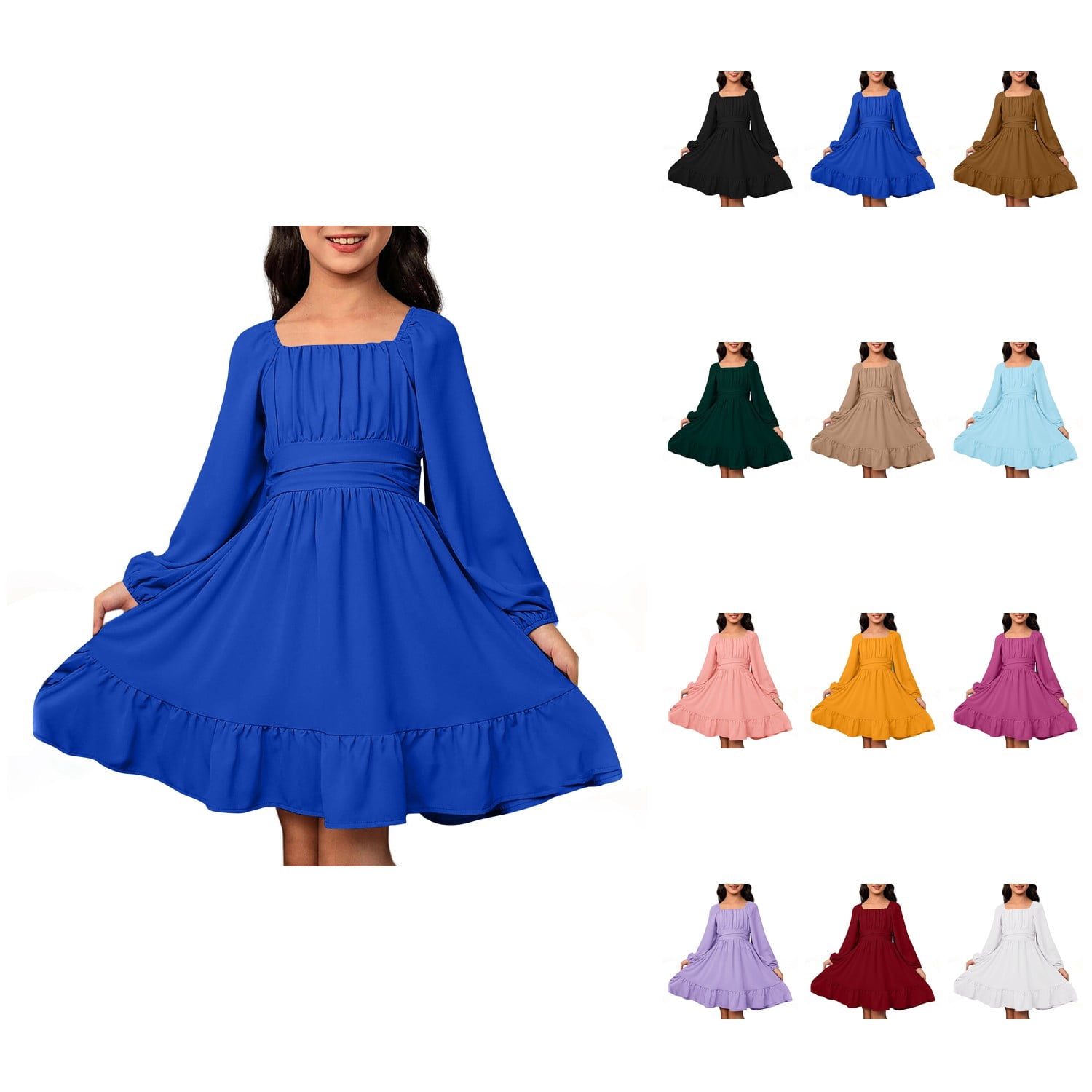Girls Casual Long Sleeve Backless Dress with Puff Sleeves, Solid Color ...