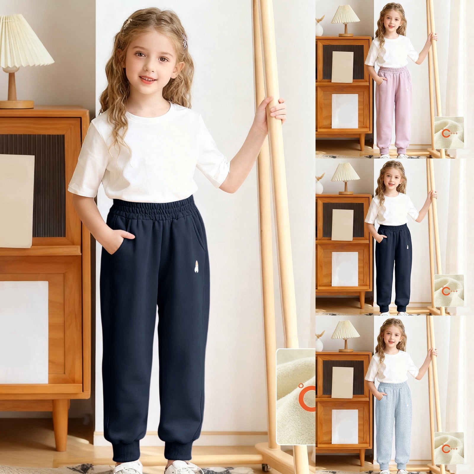 Girls Casual Pants with Nut Embroidery Elastic Waist Tapered Sweatpant ...