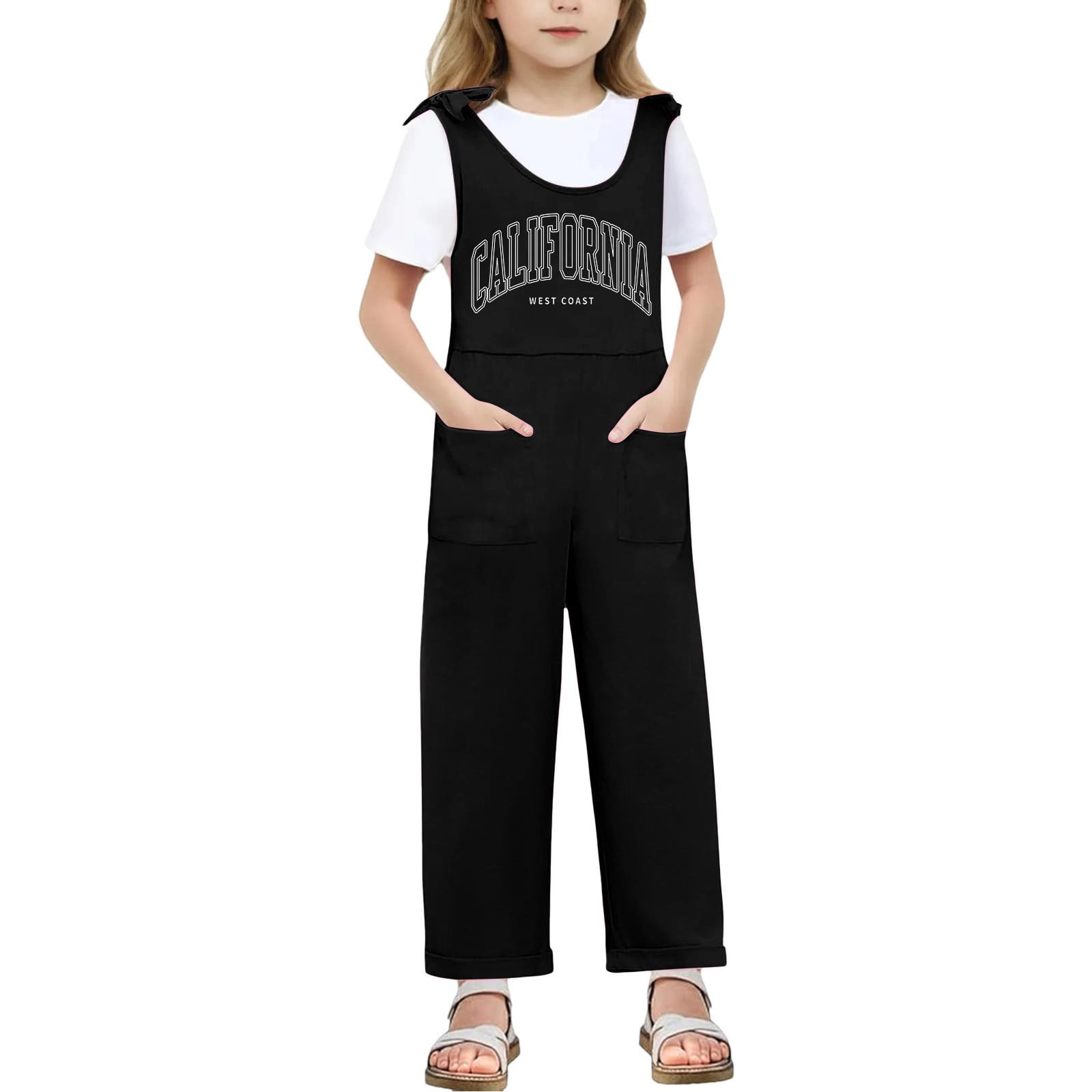 Girls Casual Romper Jumpsuit Round Neck Loose Fit Long Pants Play ...
