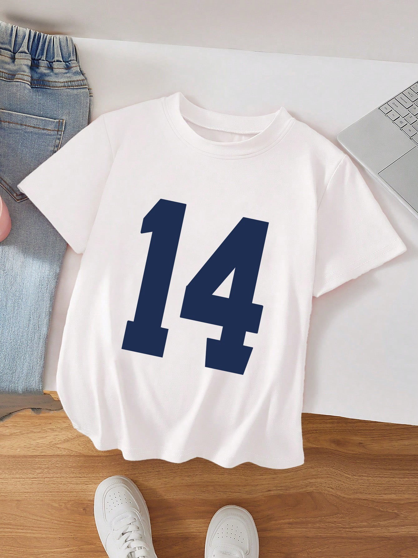Girls' Casual Short Sleeve T-Shirt with Navy Blue Number 14 Print ...